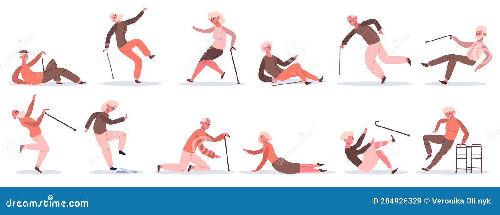 Falling Elderly Characters. Old People Stumble And Slip, Retired ...