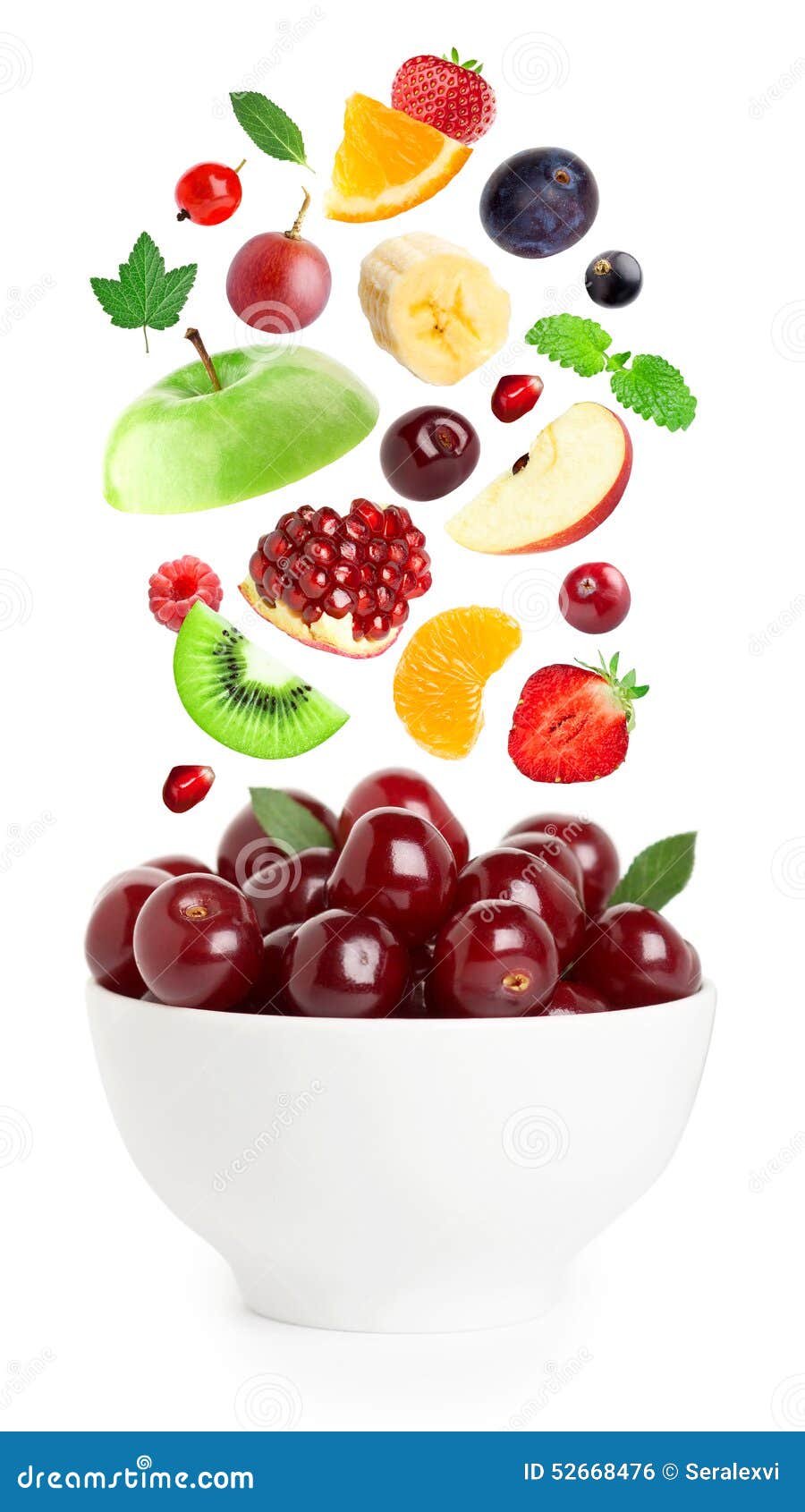 Falling Fresh Fruits and Berries in Bowl Stock Photo - Image of cherry ...