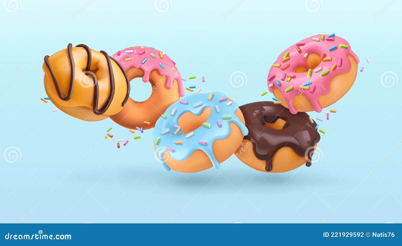 Falling Glazed Sweet Donuts On Blue Background. Realistic Colorful ...