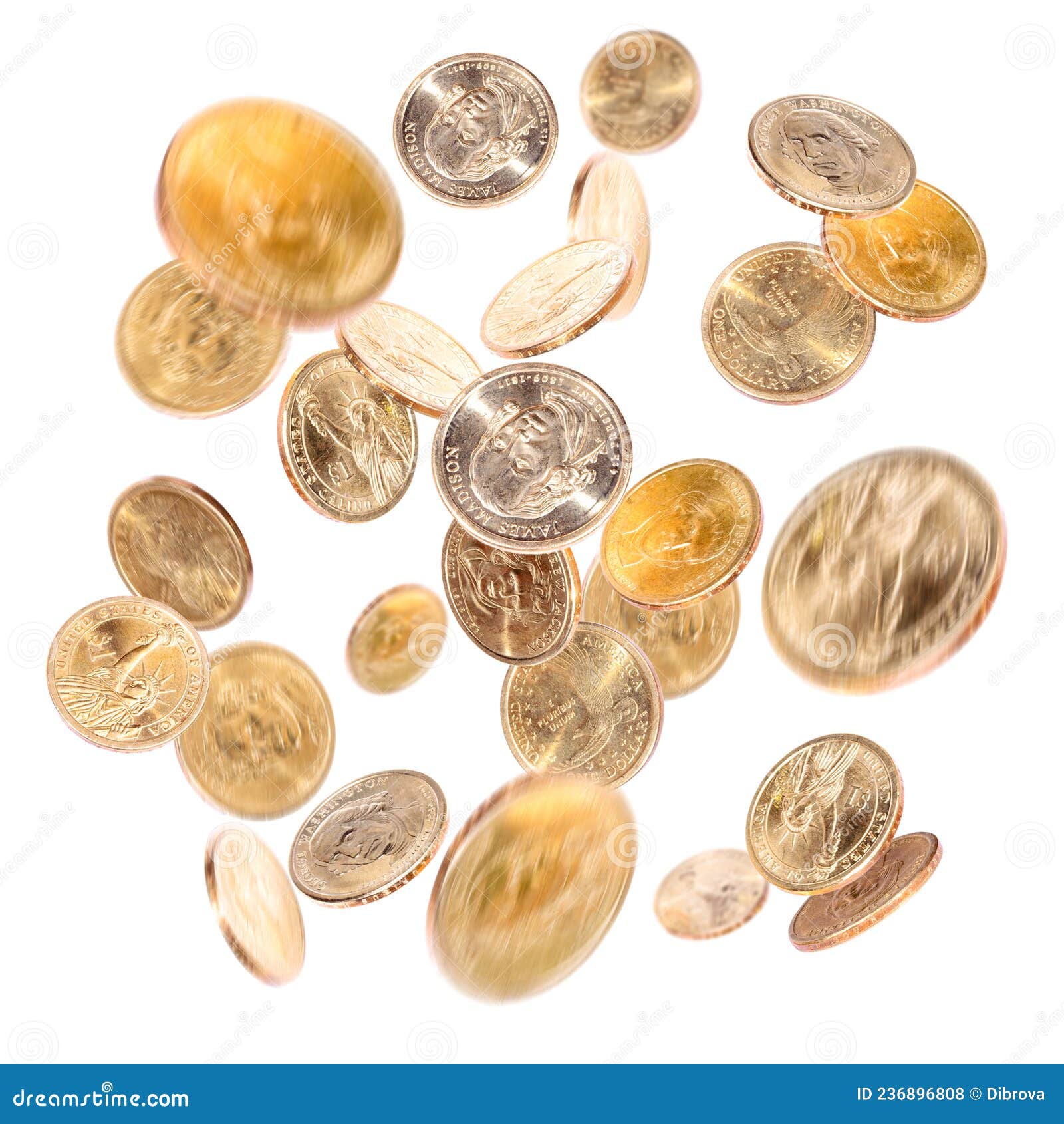 Falling Golden Dollar Coins Stock Photo - Image of falling, white ...