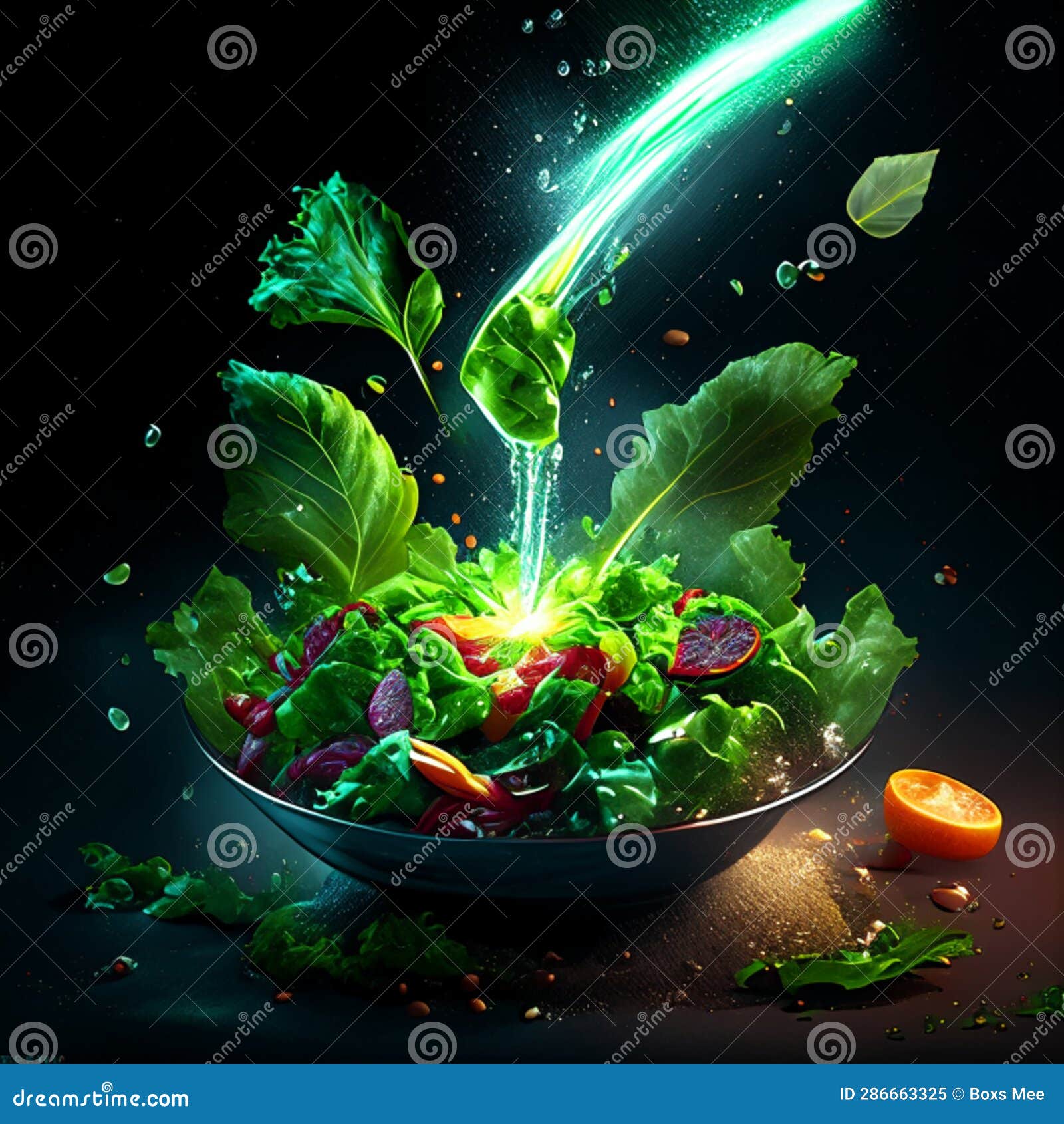 Falling Green Salad on a Black Background. 3d Rendering Stock ...