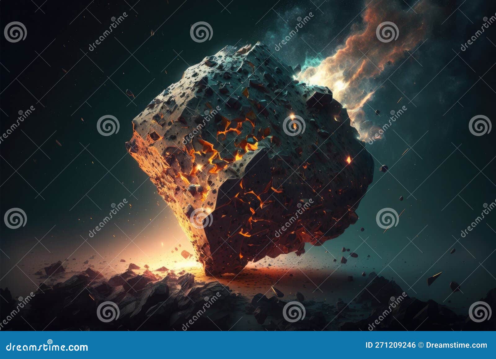 Falling Hot Smoking Meteorite and Debris on the Surface. Stock ...