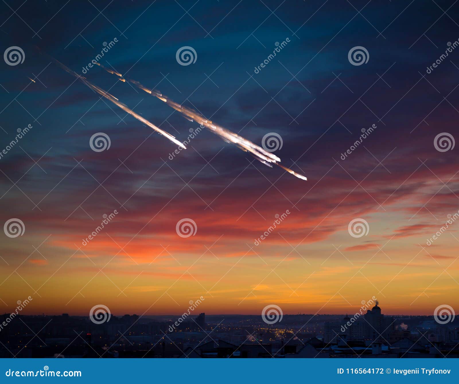 Falling Meteorite, Asteroid, Comet on Night City. Elements of Th Stock ...