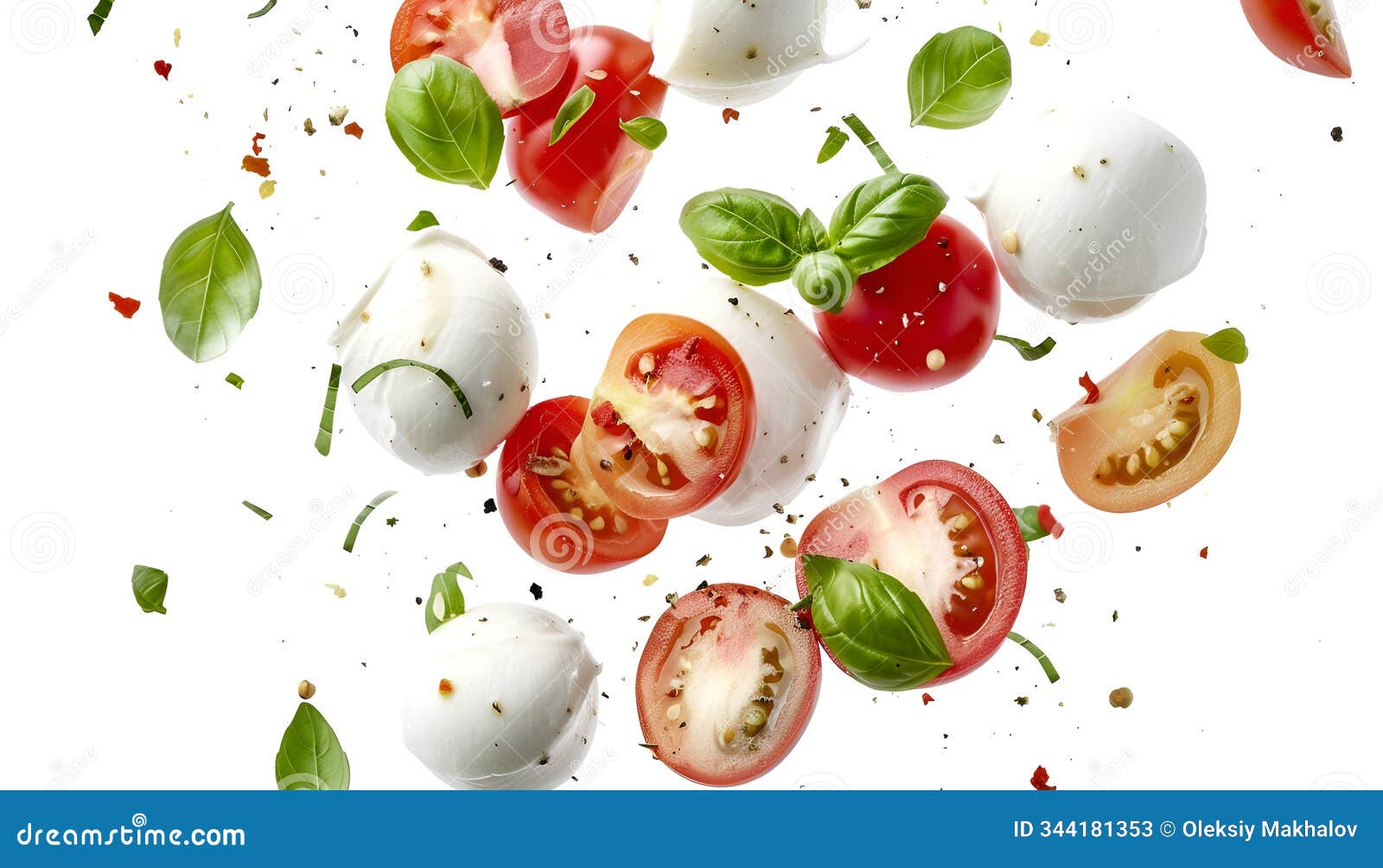 Falling Mozzarella Cheese And Tomato Slices With Basil Leaves Isolated ...