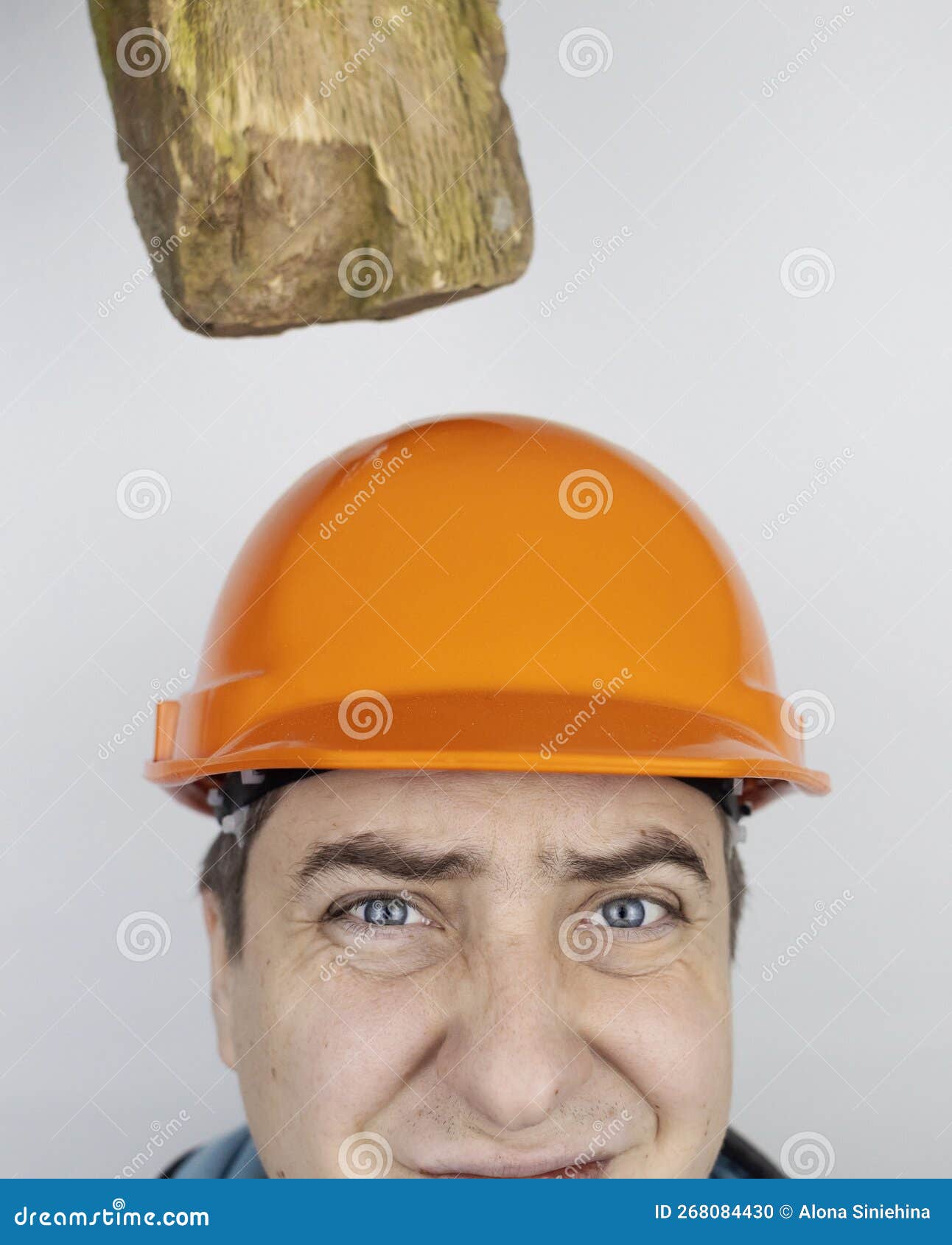 Safety Helmet. Brick and a Board Fall on Builder Head. Saving a Life ...