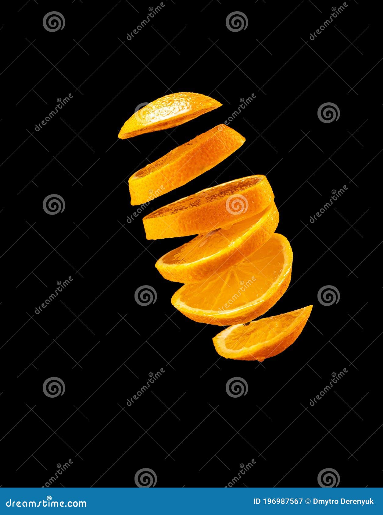 Falling Orange and Orange Slices. Isolated on a Black. Stock Image ...