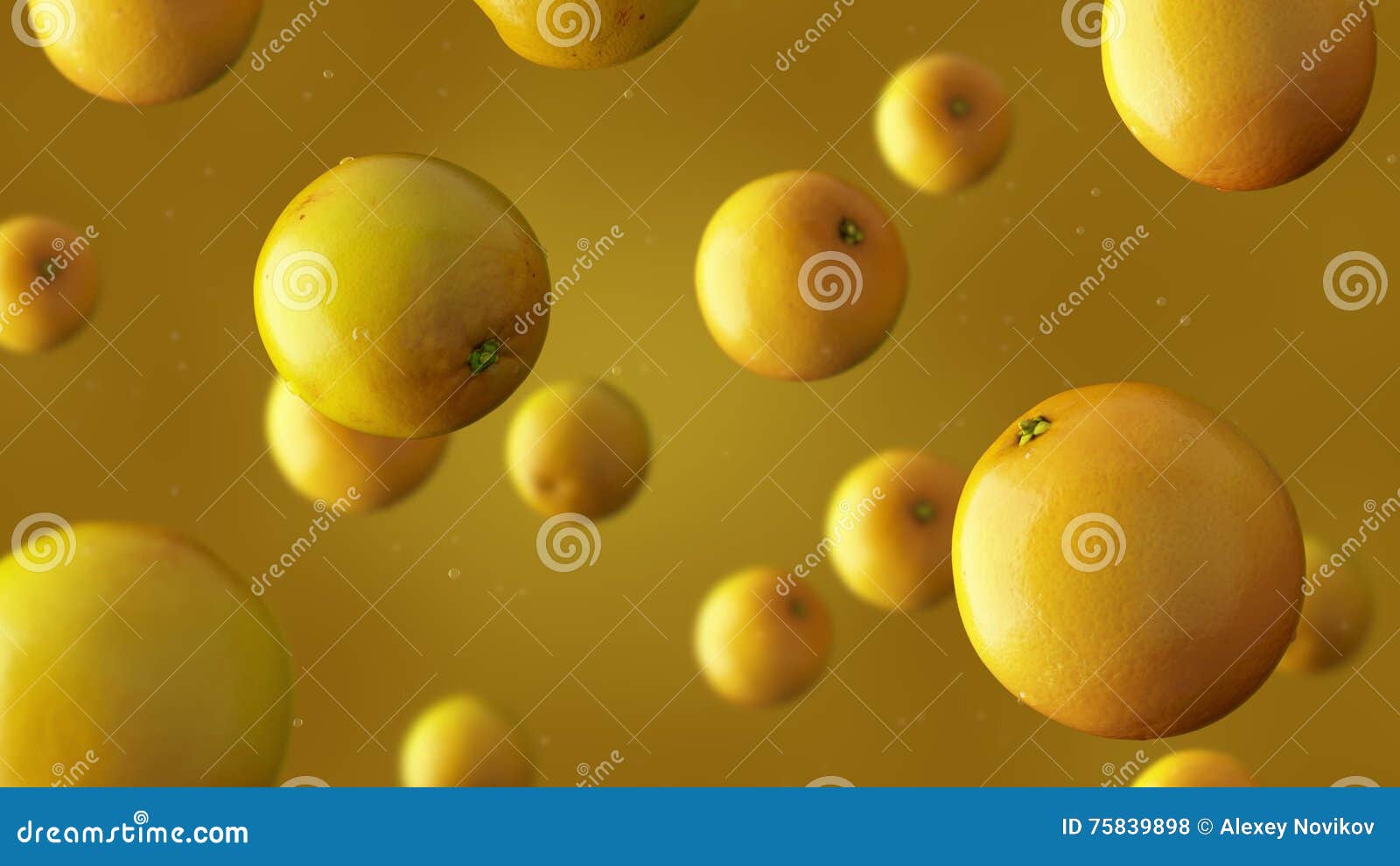 Falling Oranges and Water Drops Against Yellow Background, 3D Rendering ...