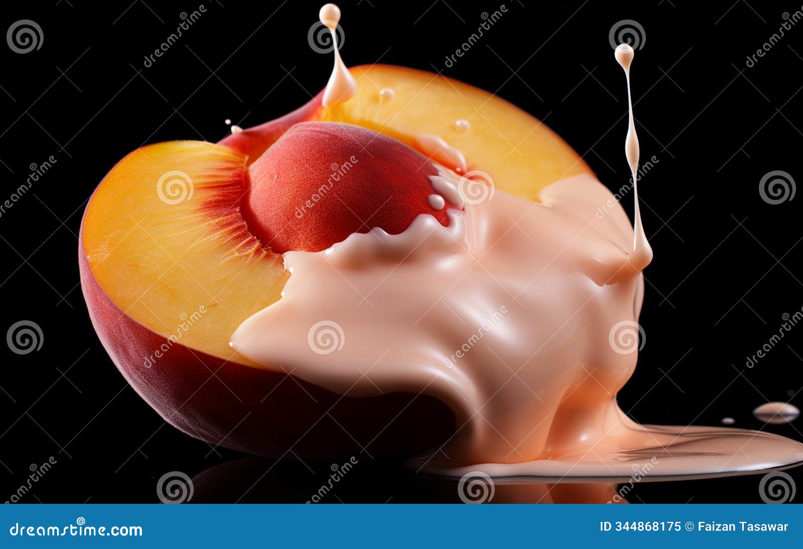 Falling Peace Fruit in Milk Splash on Clear Background Stock ...