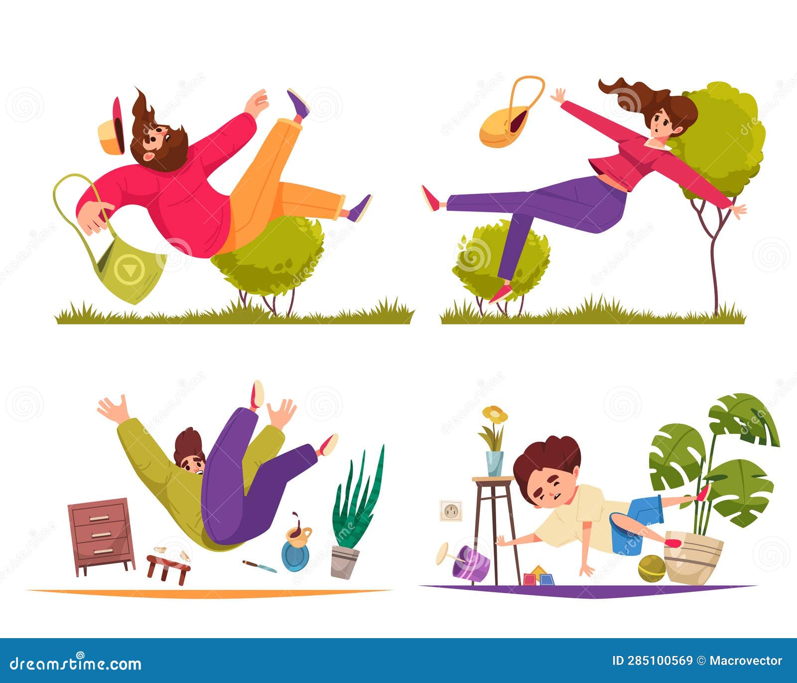 Falling People. Person Injury Slipping On Wet Floor. Triangular Yellow ...