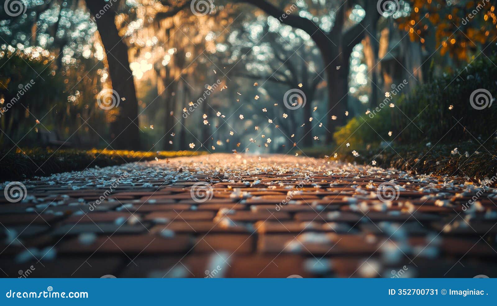Falling Petals on a Brick Path Under Trees Stock Illustration ...