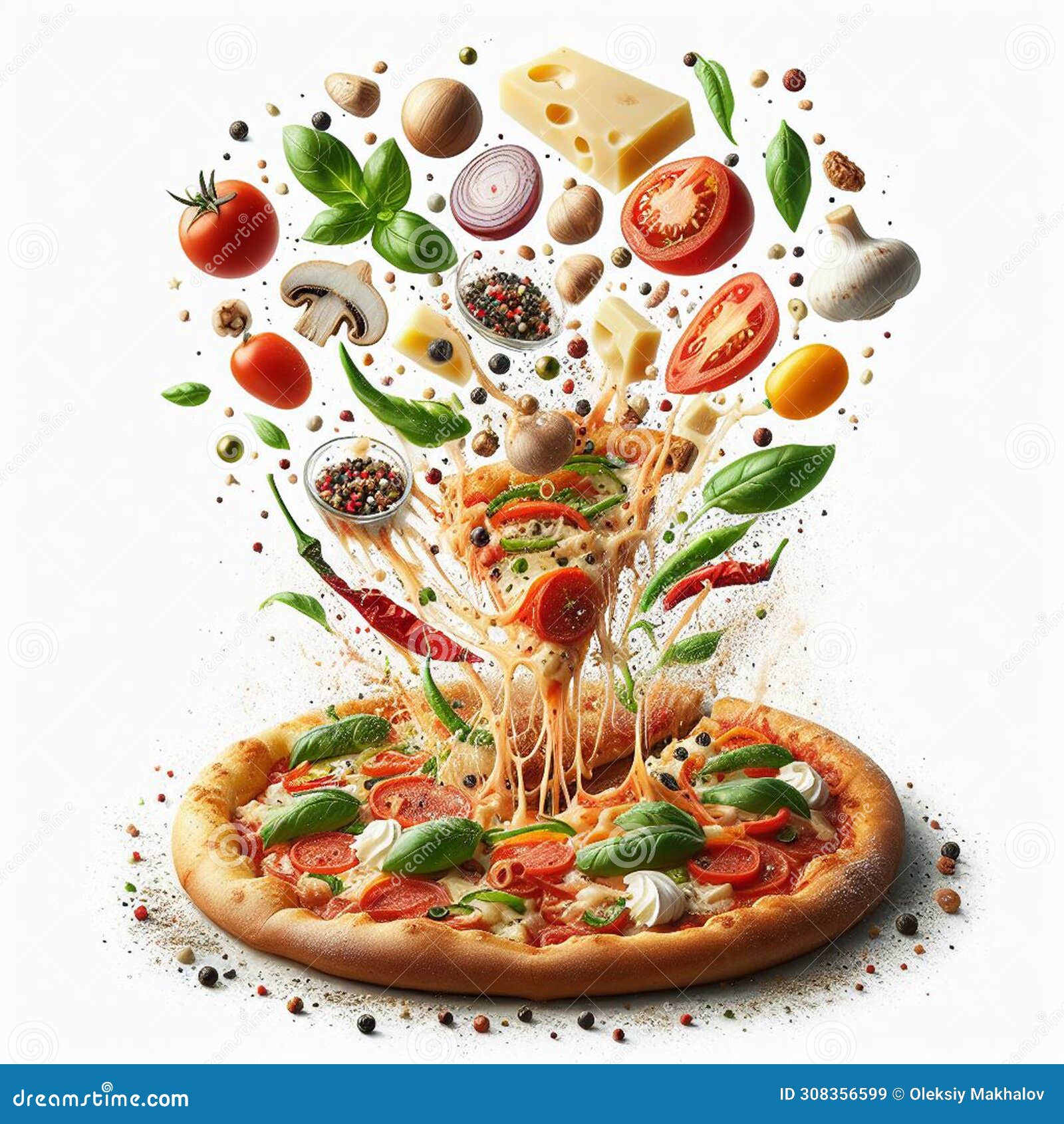 Falling Pieces of Ingredients into a Slice of Pizza Isolated on a White ...