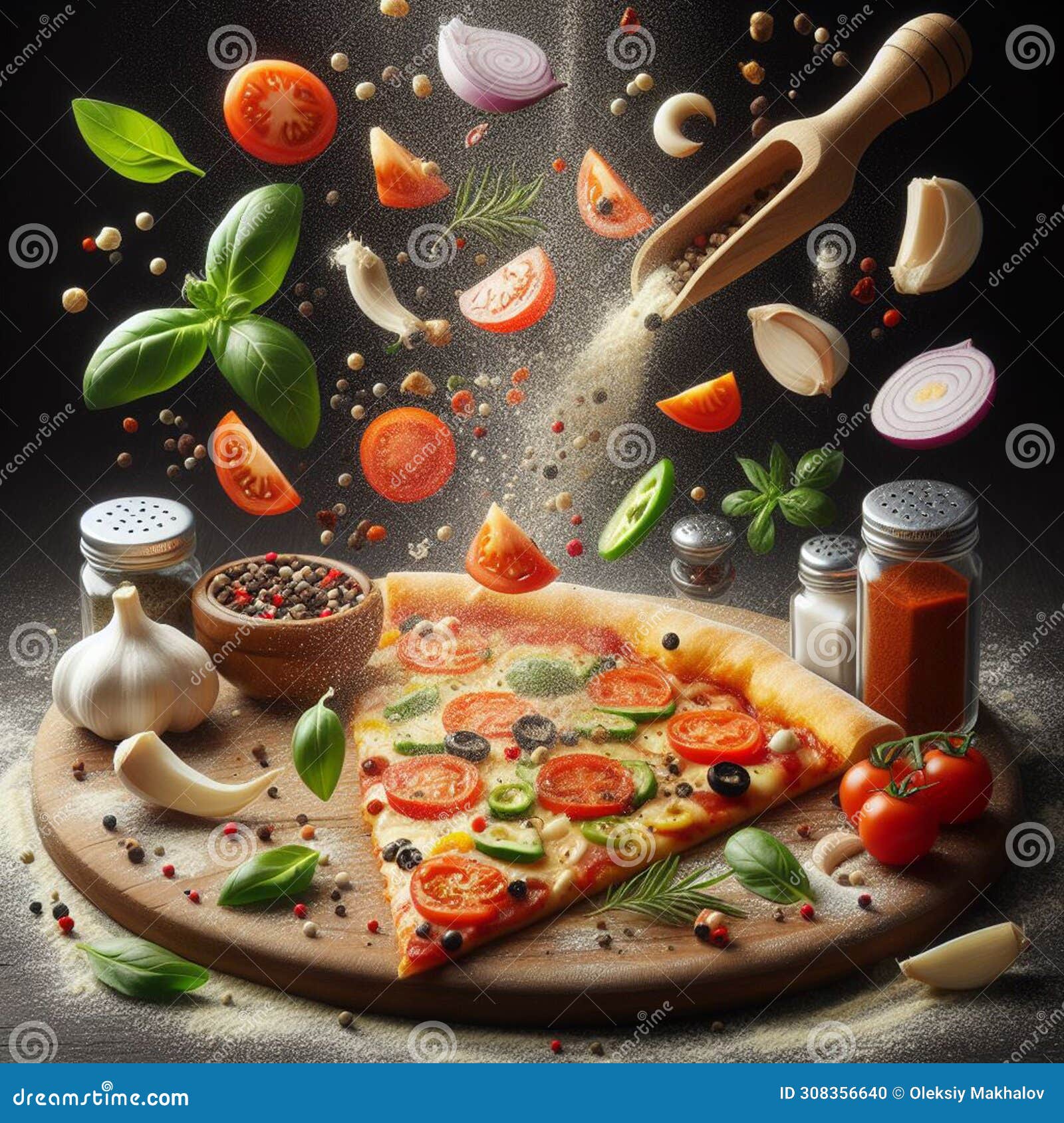 Falling Pieces of Ingredients into a Slice of Pizza Isolated on a White ...