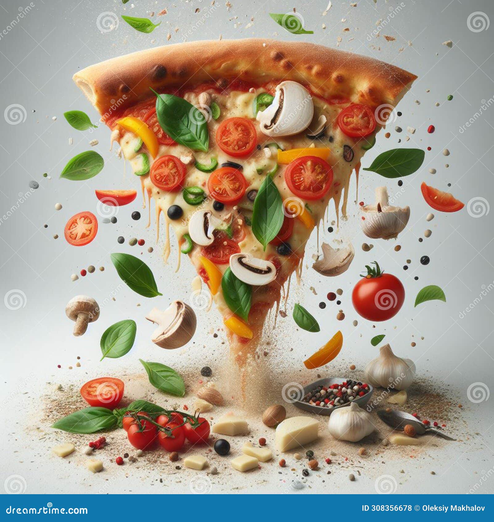 Falling Pieces of Ingredients into a Slice of Pizza Isolated on a White ...
