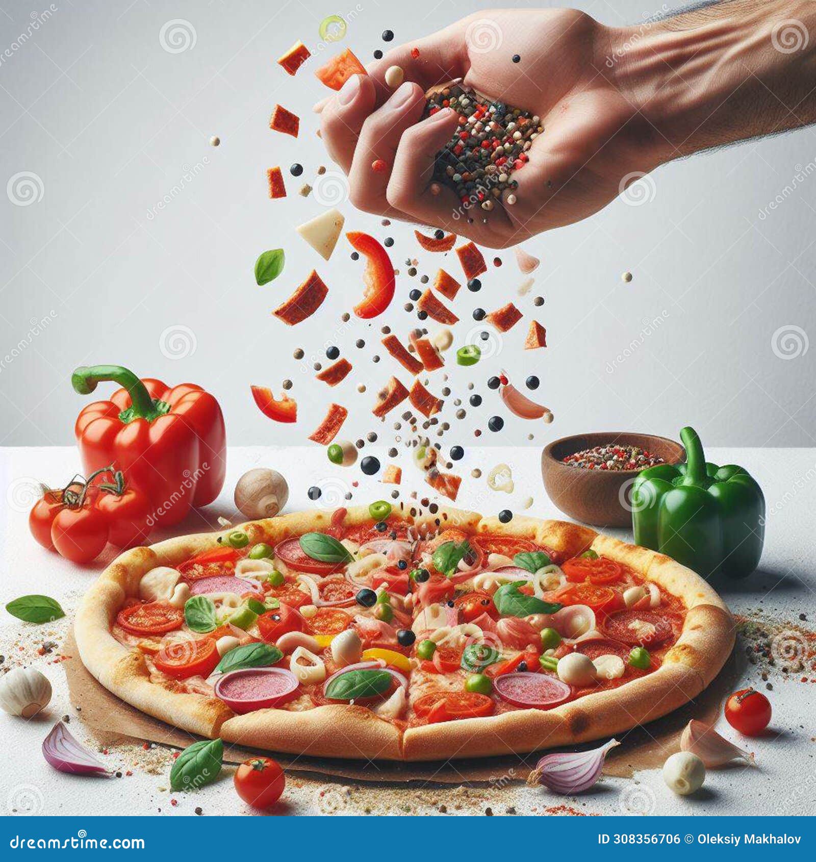 Falling Pieces of Ingredients into a Slice of Pizza Isolated on a White ...