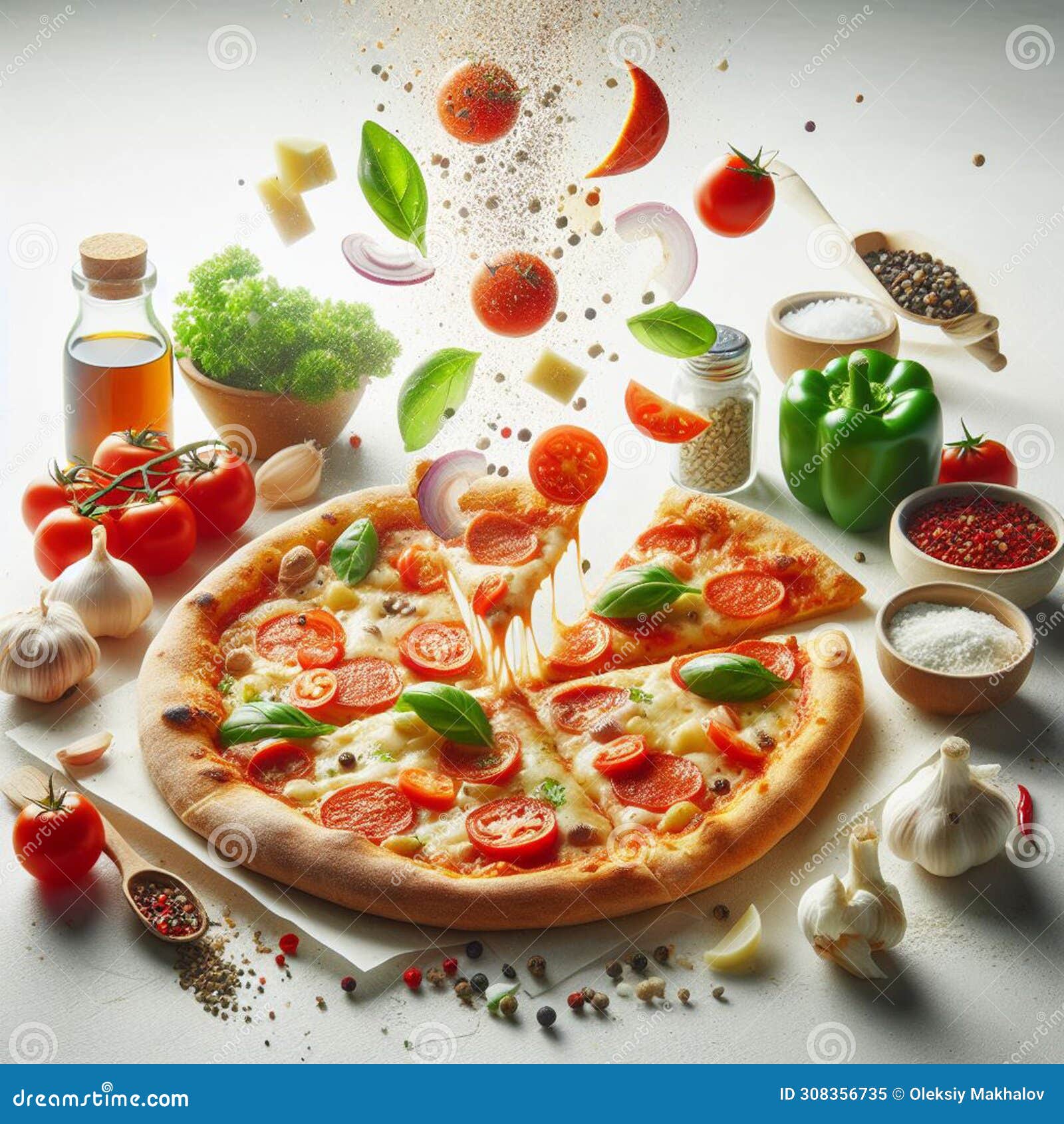 Falling Pieces of Ingredients into a Slice of Pizza Isolated on a White ...