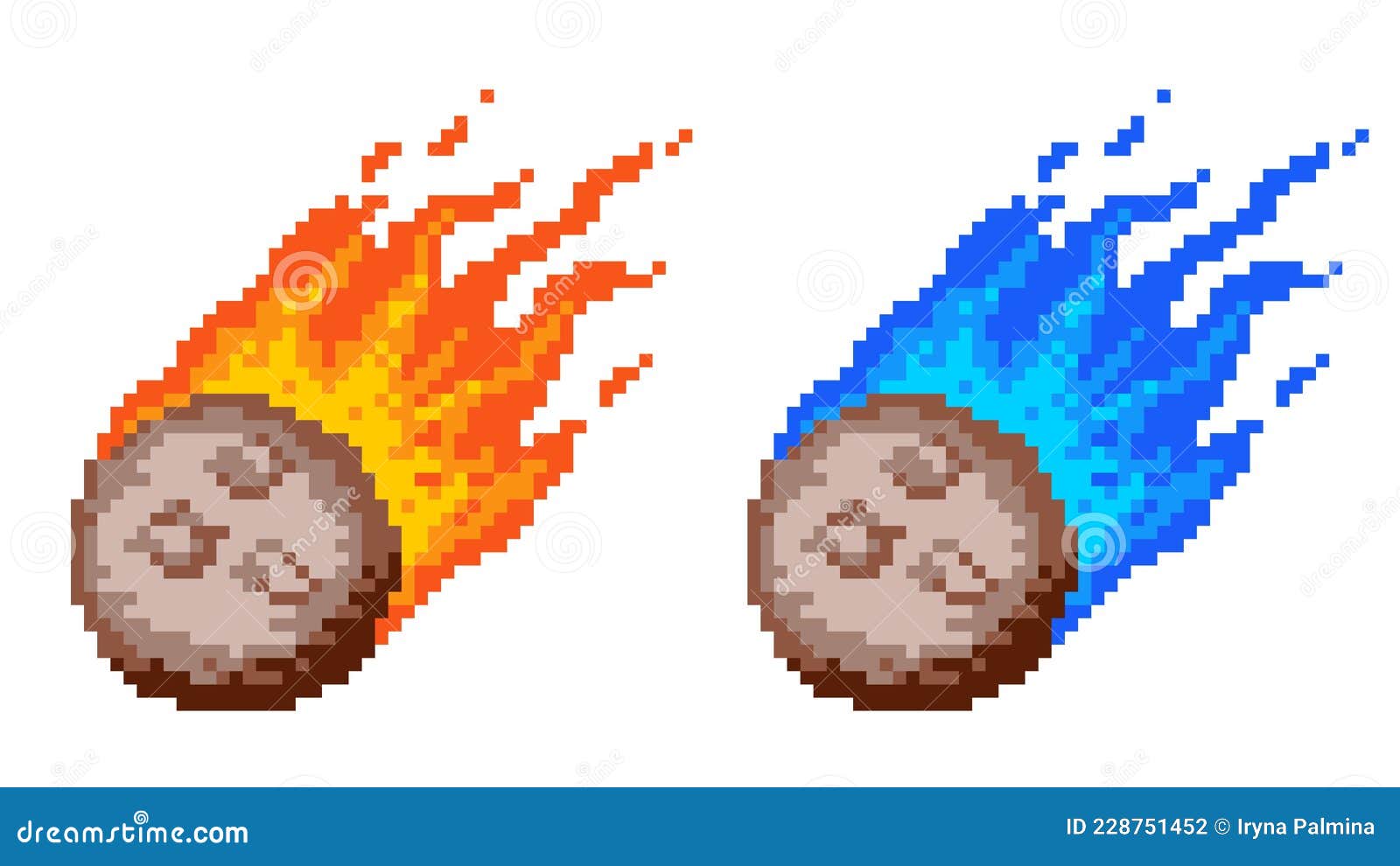 Falling Pixel Asteroid in Flames. Fiery Meteorite Blazing with Glowing ...