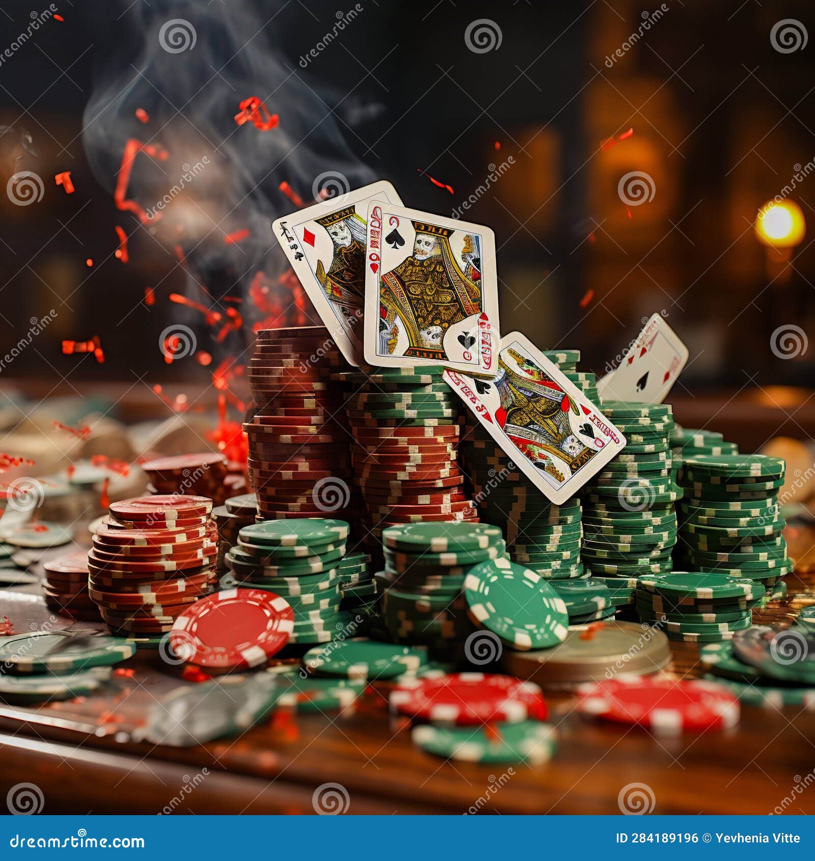 Falling Playing Cards on Table with Chips, Casino Background ...