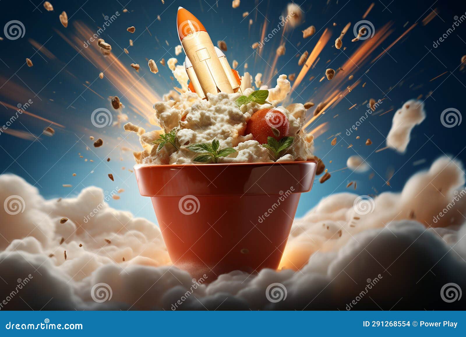 Falling Popcorn in a Bucket with a Rocket Flying Above it Stock ...