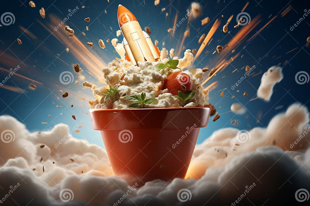 Falling Popcorn in a Bucket with a Rocket Flying Above it Stock ...