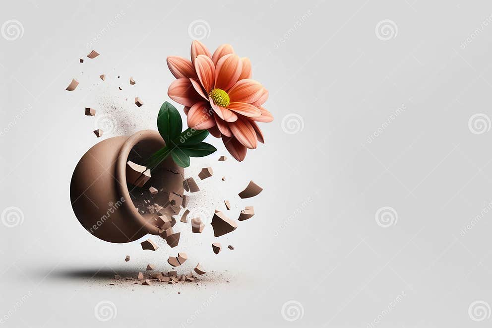 Falling Pot with a Flower. Space for Text. Stock Image - Image of ...