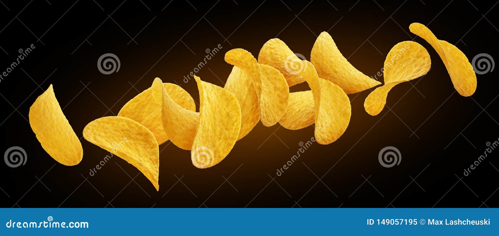 Falling Potato Chips Isolated On Black Background Stock Image - Image ...