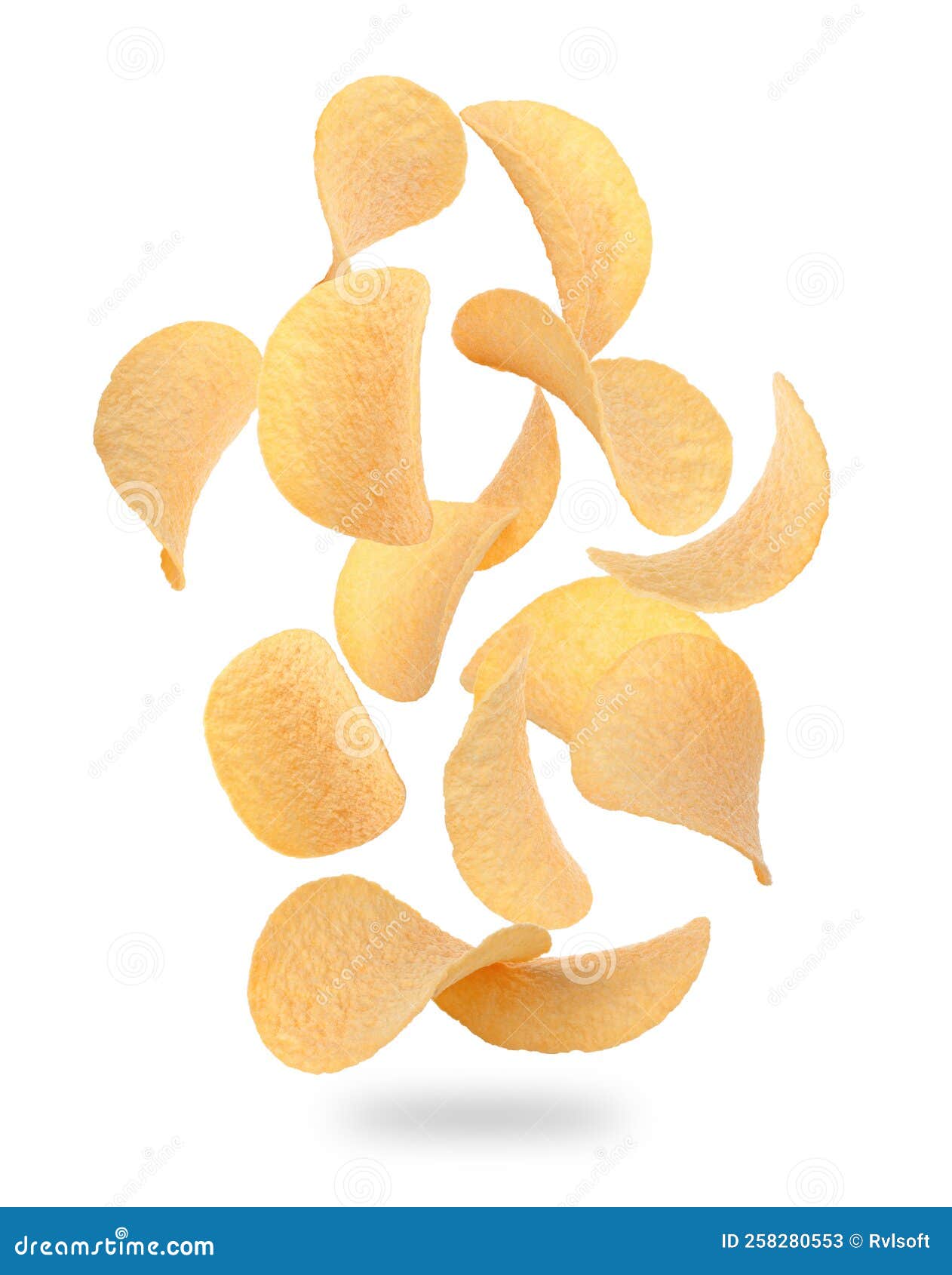 Falling Potato Chips on White Background, Levitation Concept Stock ...