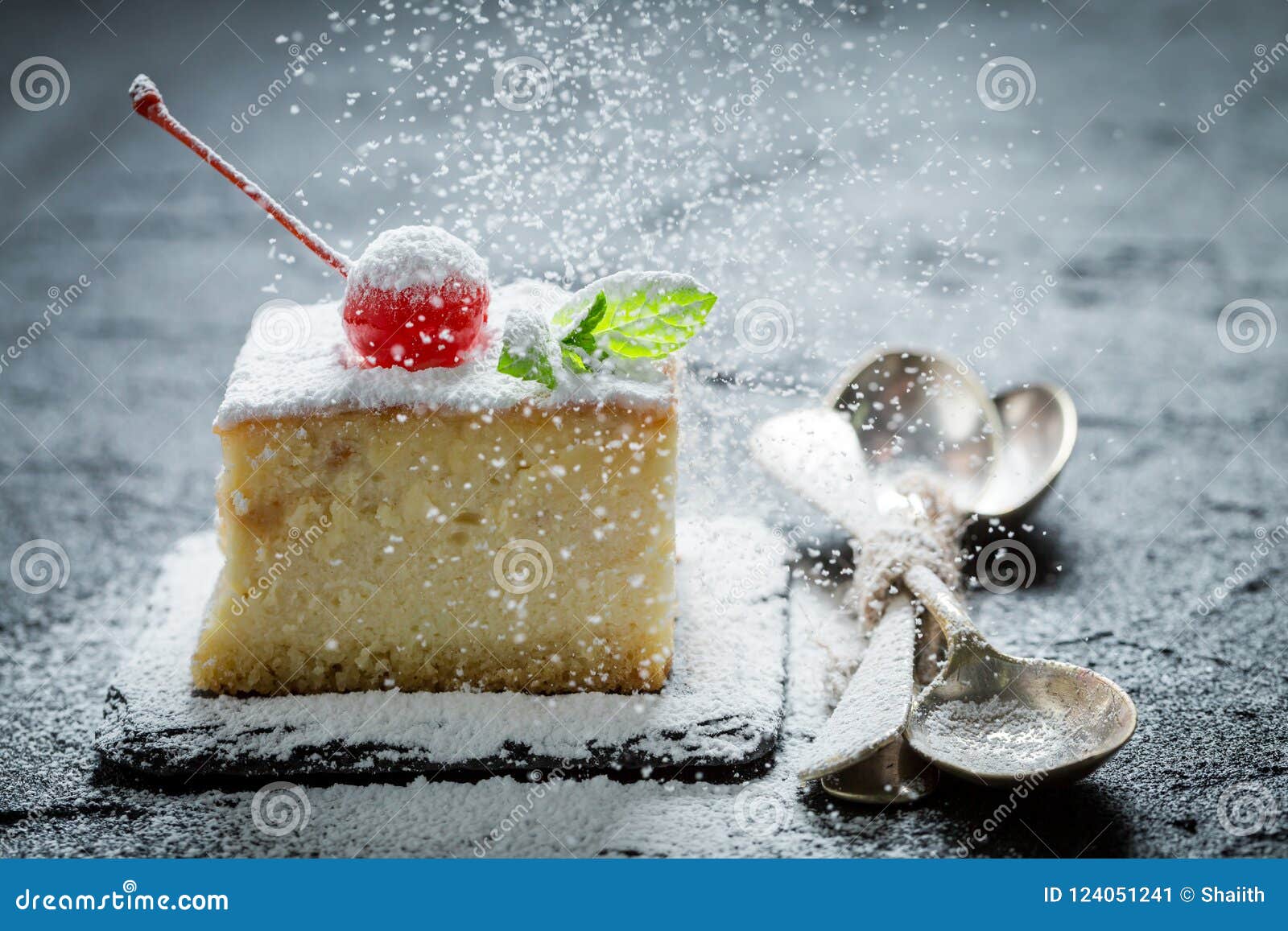 Falling Powdered Sugar on Cheesecake with Cherries Stock Image - Image ...