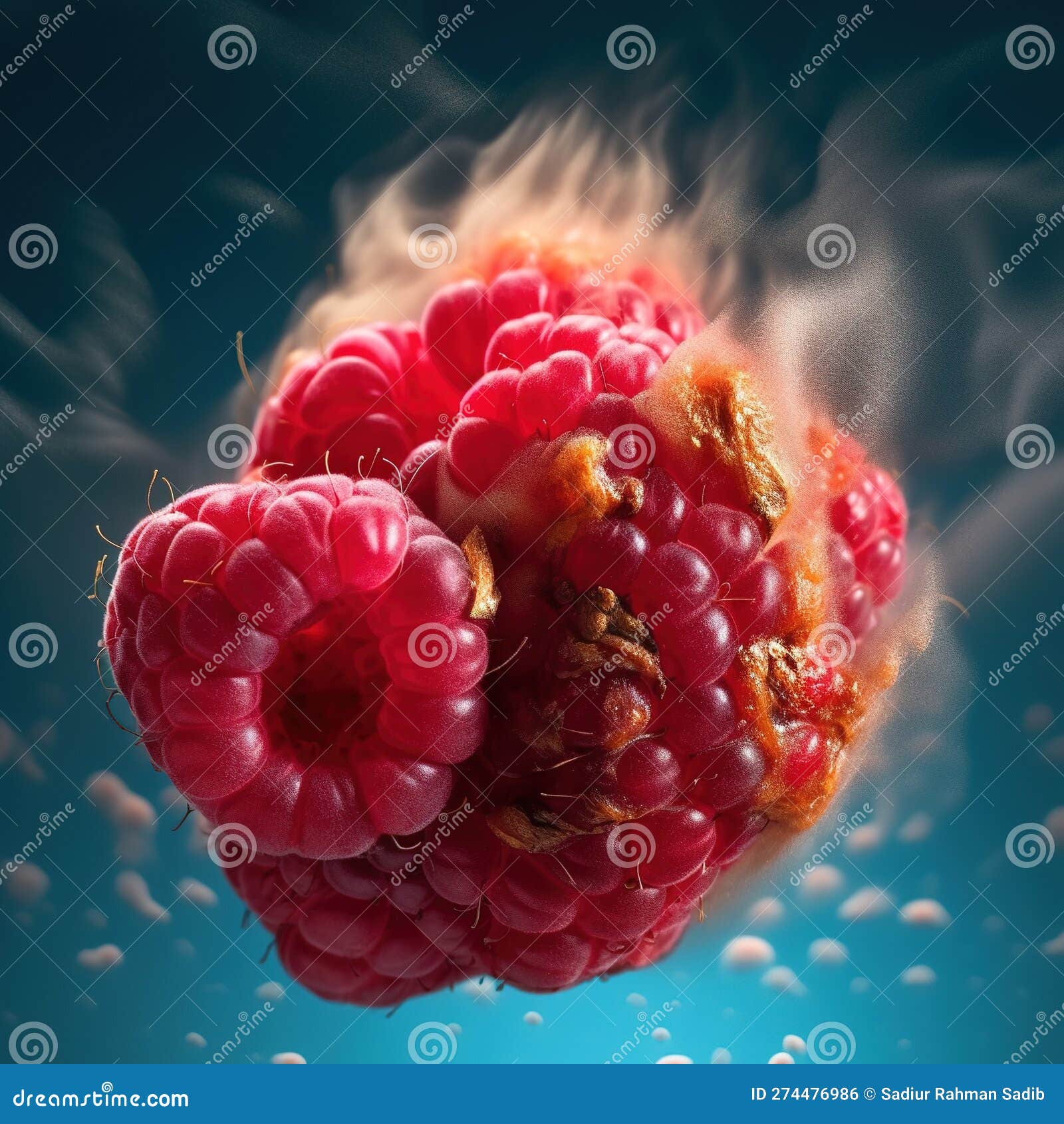 Falling Raspberries with Splashes of Water on Blue Background. Stock ...