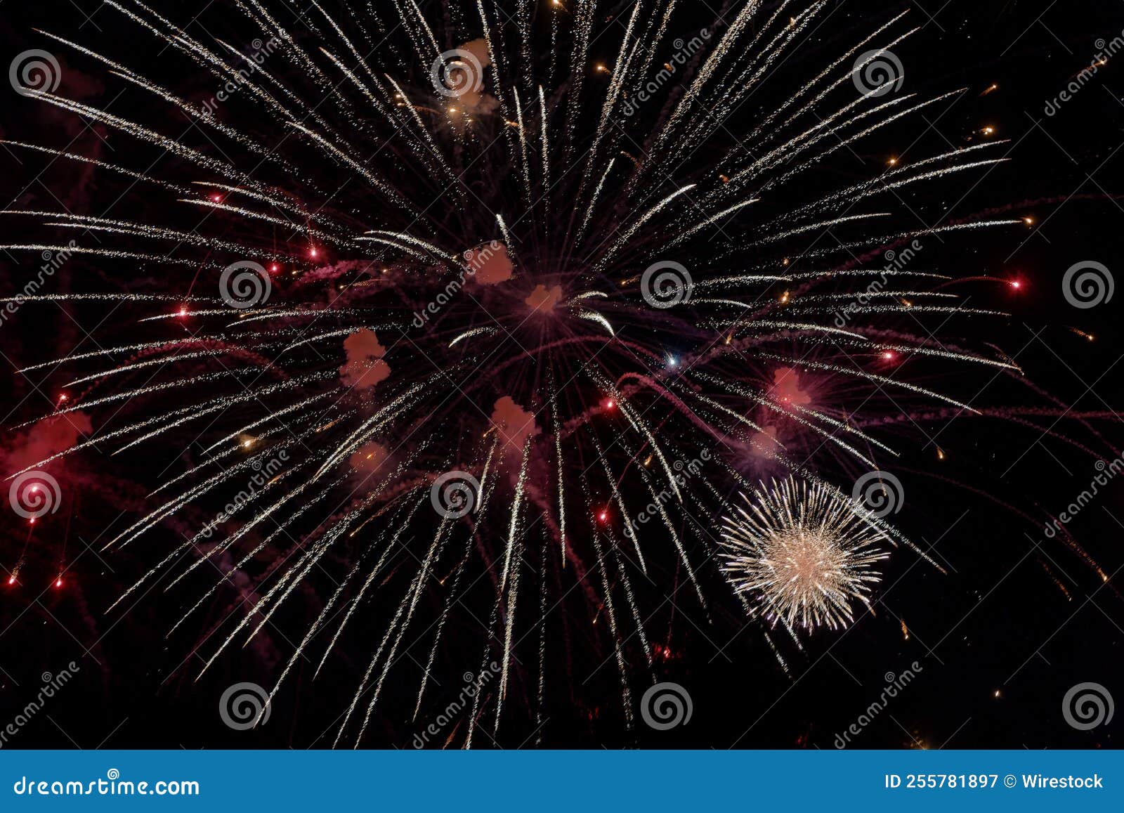 Falling of Red Firework Sparks after Bursting in the Night Sky Stock ...