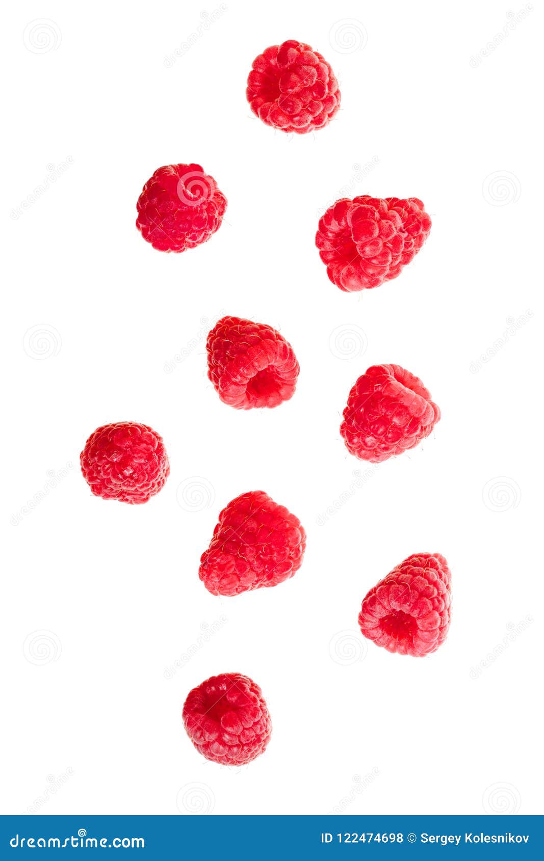 Falling Red Raspberries Isolated on White Background Stock Photo ...