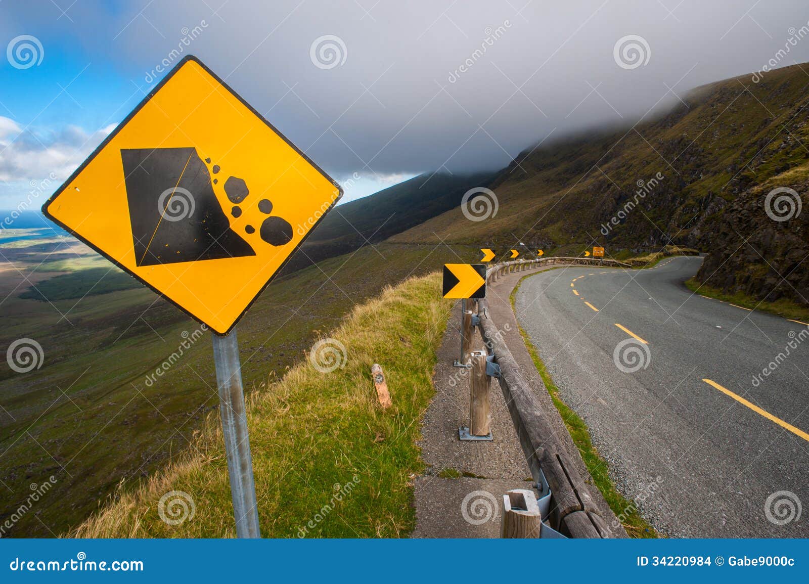 Falling Rocks Warning Sign on a Curvy Road Stock Photo - Image of cliff ...