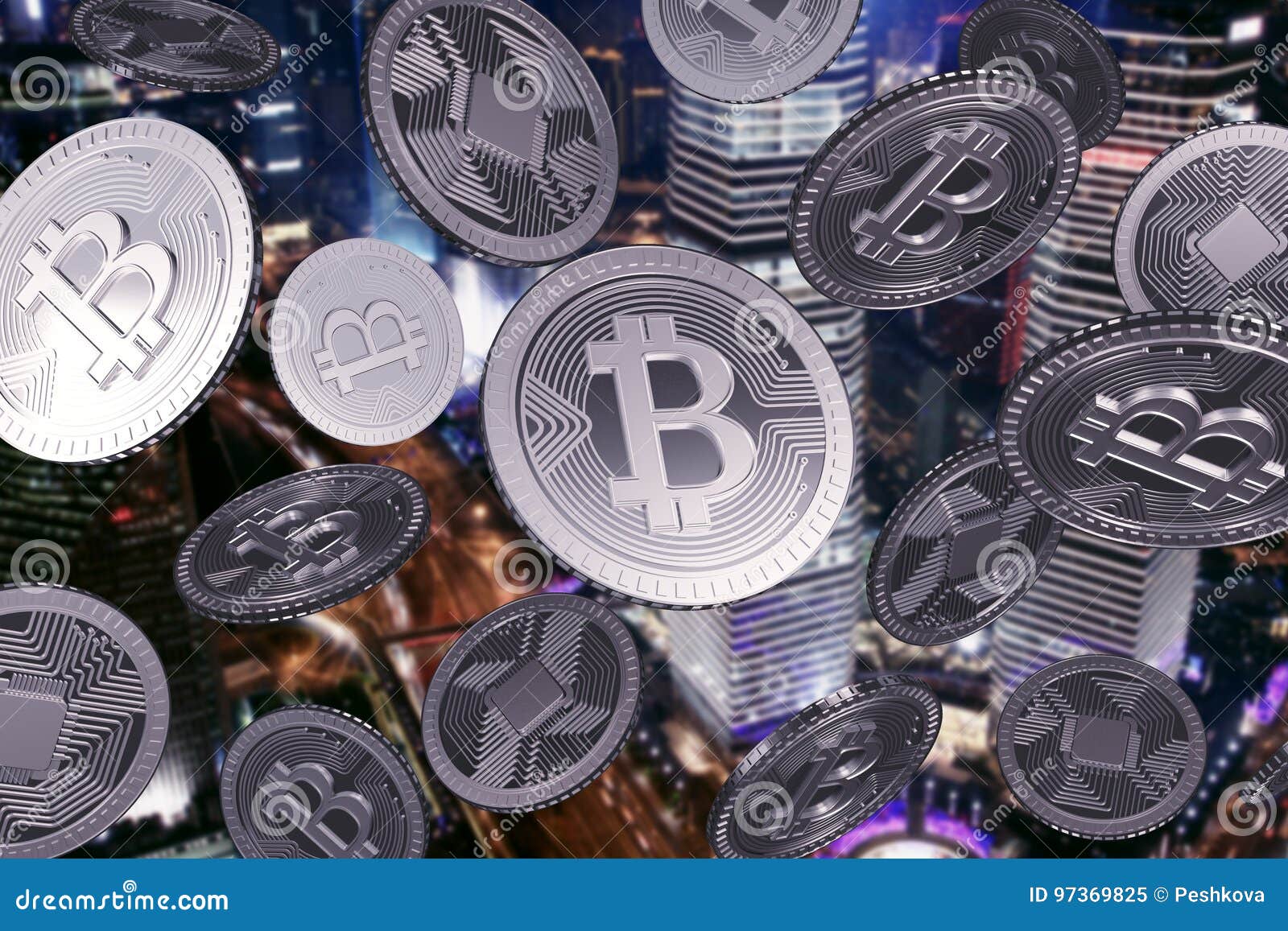 Falling Silver Bitcoins in Night City Stock Illustration - Illustration ...
