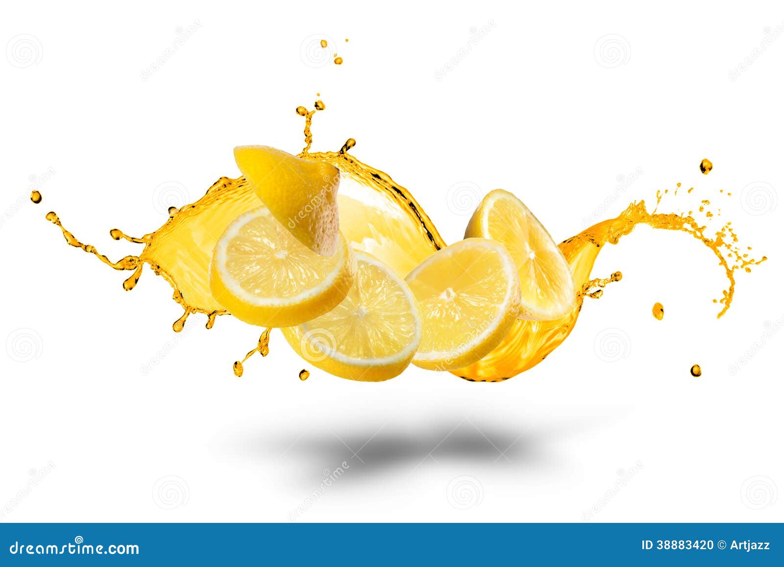 Falling Slices of Lemon with Juice Splash Isolated Stock Photo - Image ...