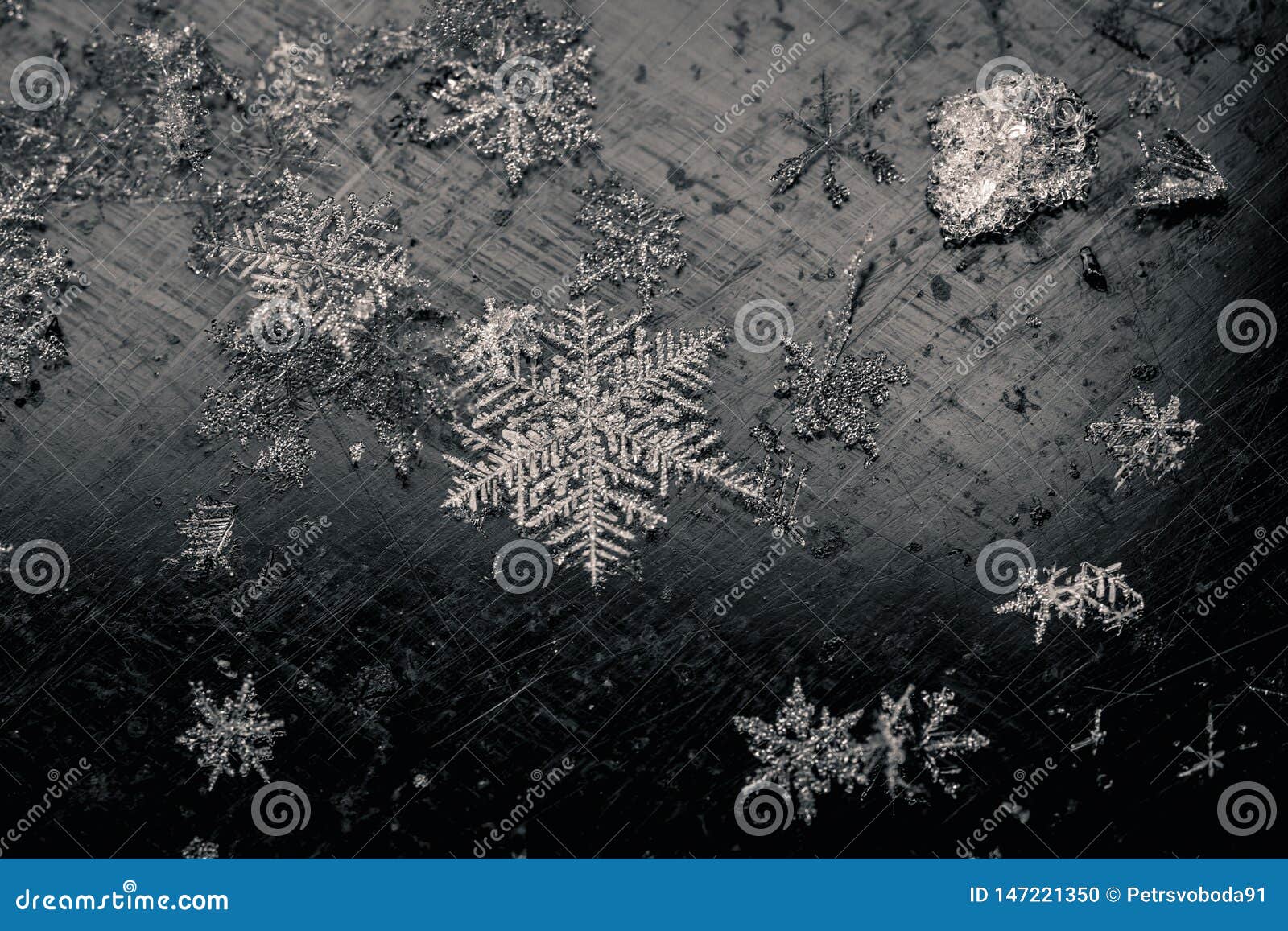 Falling Snow on the Black Shiny Reflective Background Stock Photo ...