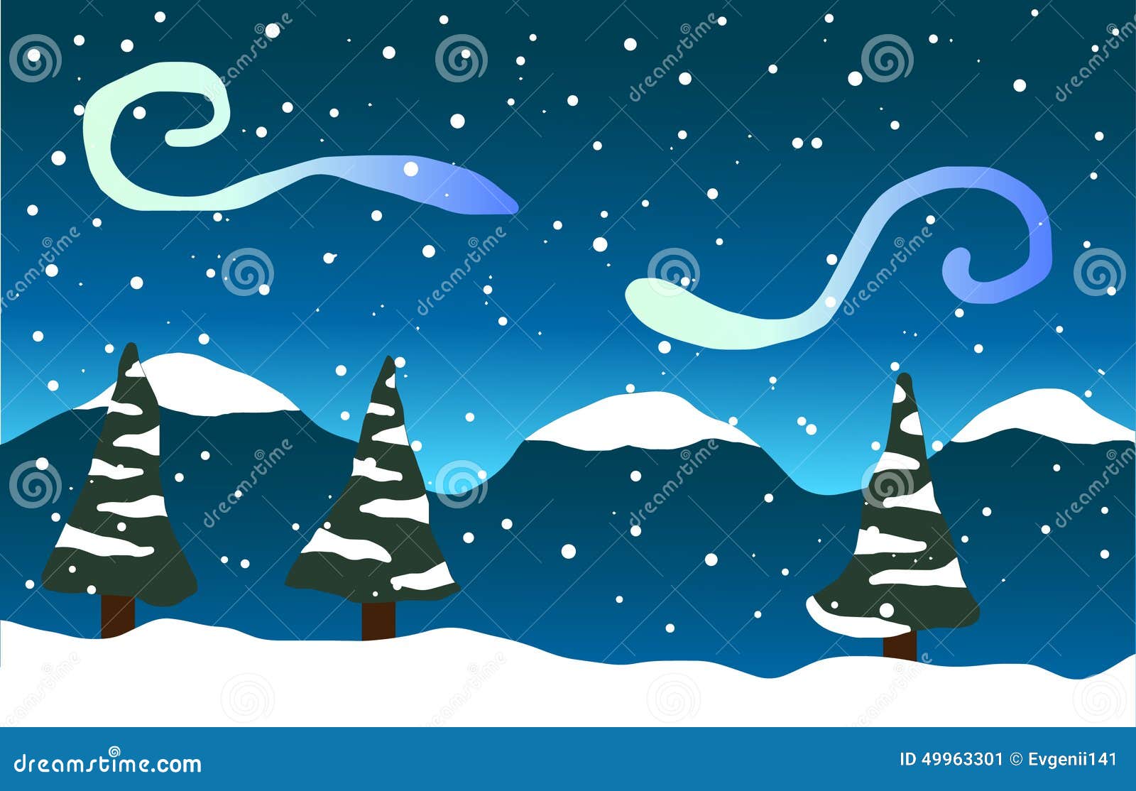 Falling Snow, Trees and Mountains in the Snow. Stock Illustration ...