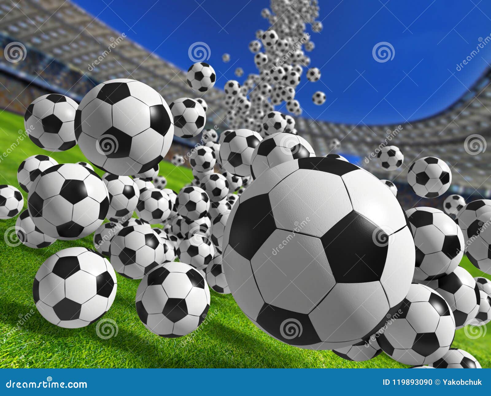 Falling soccer balls stock photo. Image of lawn, grandstand - 119893090