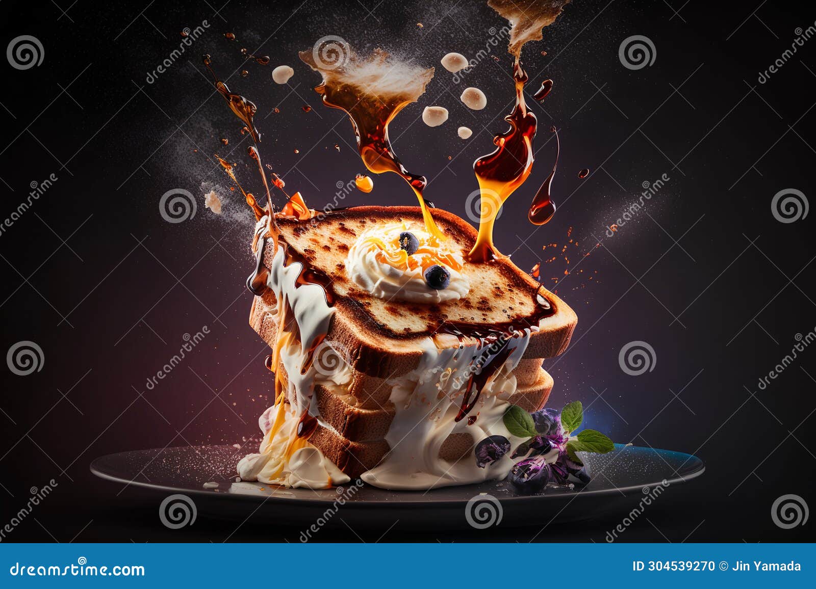 Falling Toast with Whipped Cream, Jam and Berries. 3d Rendering Stock ...