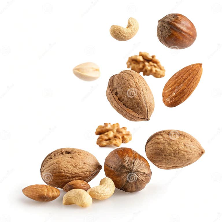 Falling Various Nuts Realistic Nuts Isolated on White Background Stock ...