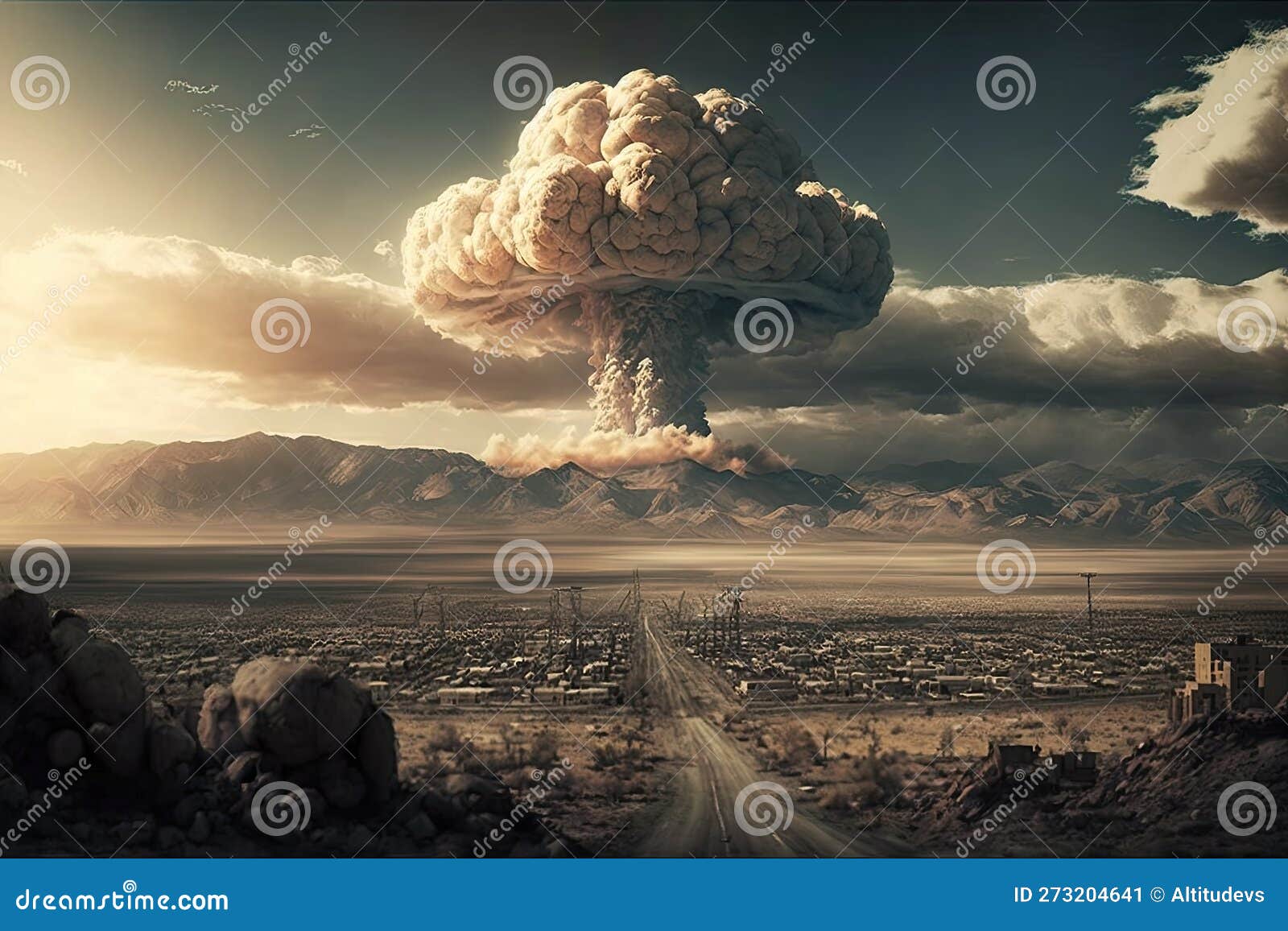 Fallout Cloud From Nuclear Bomb, With View Of Destroyed City In The ...