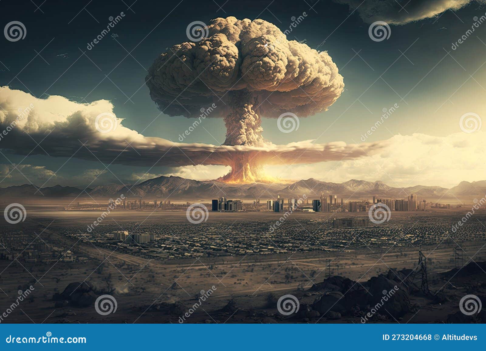 Fallout Cloud From Nuclear Bomb, With View Of Destroyed City In The ...