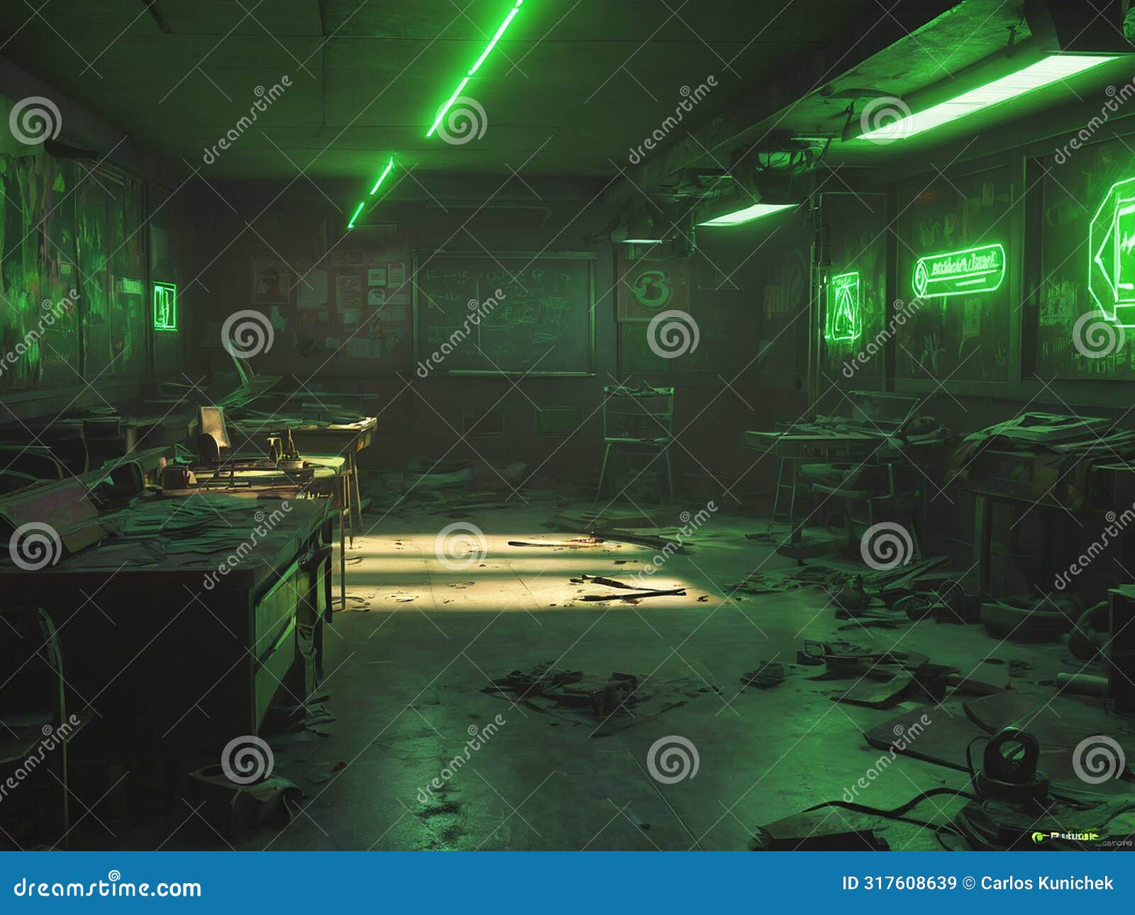 Fallout Concept Art School Interior Render Grim, Realistic, Green Neon ...