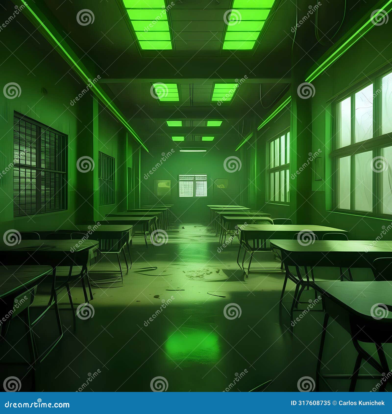 Fallout Concept Art School Interior Render Grim, Realistic, Green Neon ...