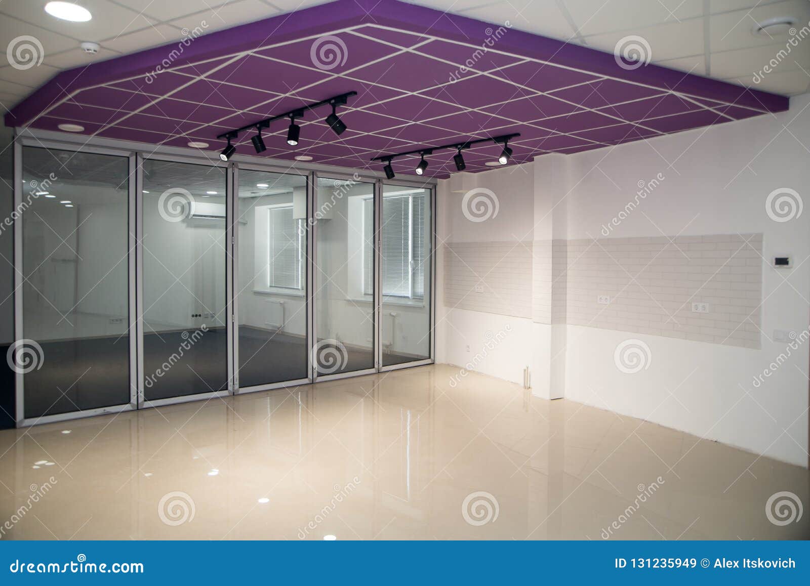 False Celling with Lamps. Modern Design. Illumination in Hall Stock ...