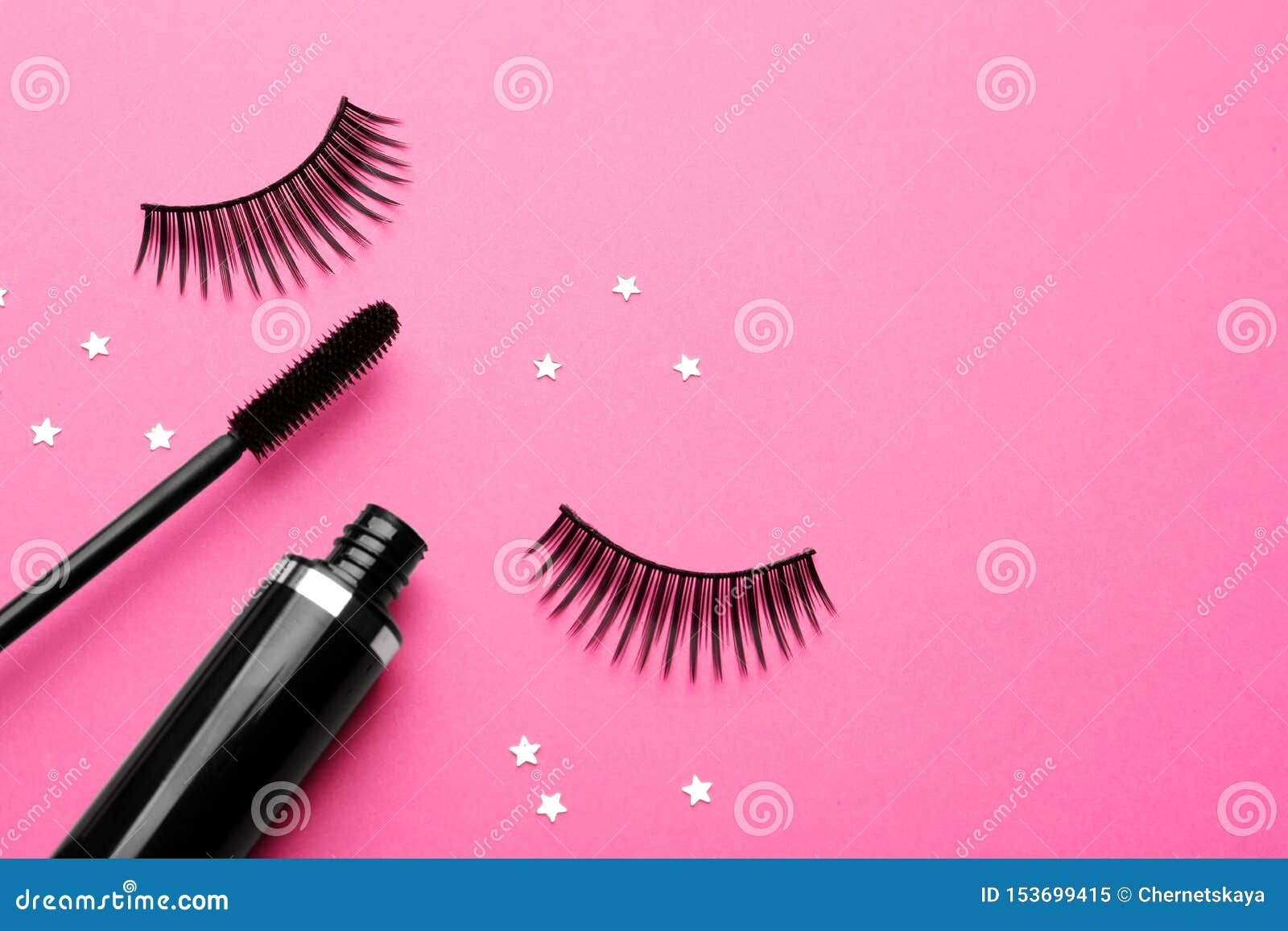 False Eyelashes and Mascara on Pink Background, Flat Lay Stock Image ...