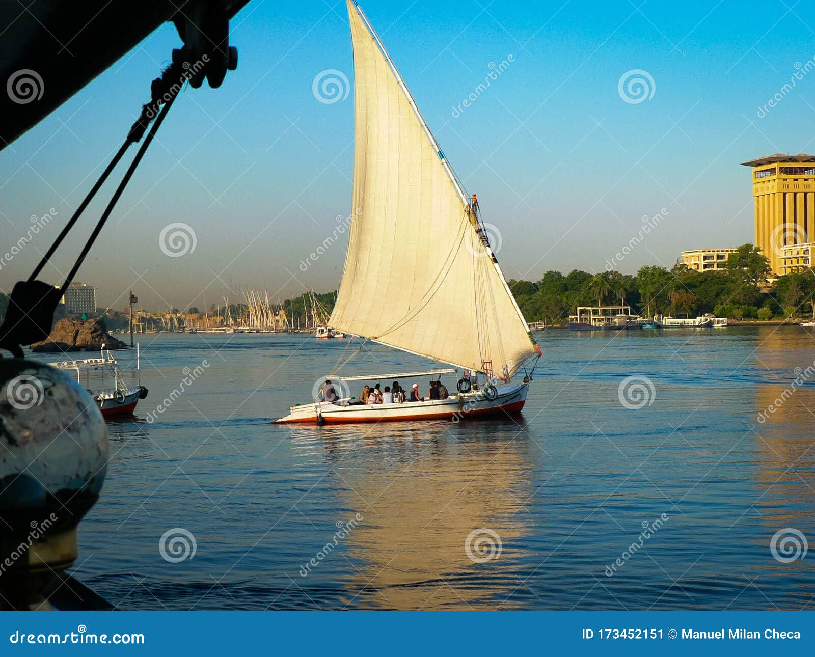Faluca Boat Sailing in Nile River, Egyp Stock Image - Image of boat ...