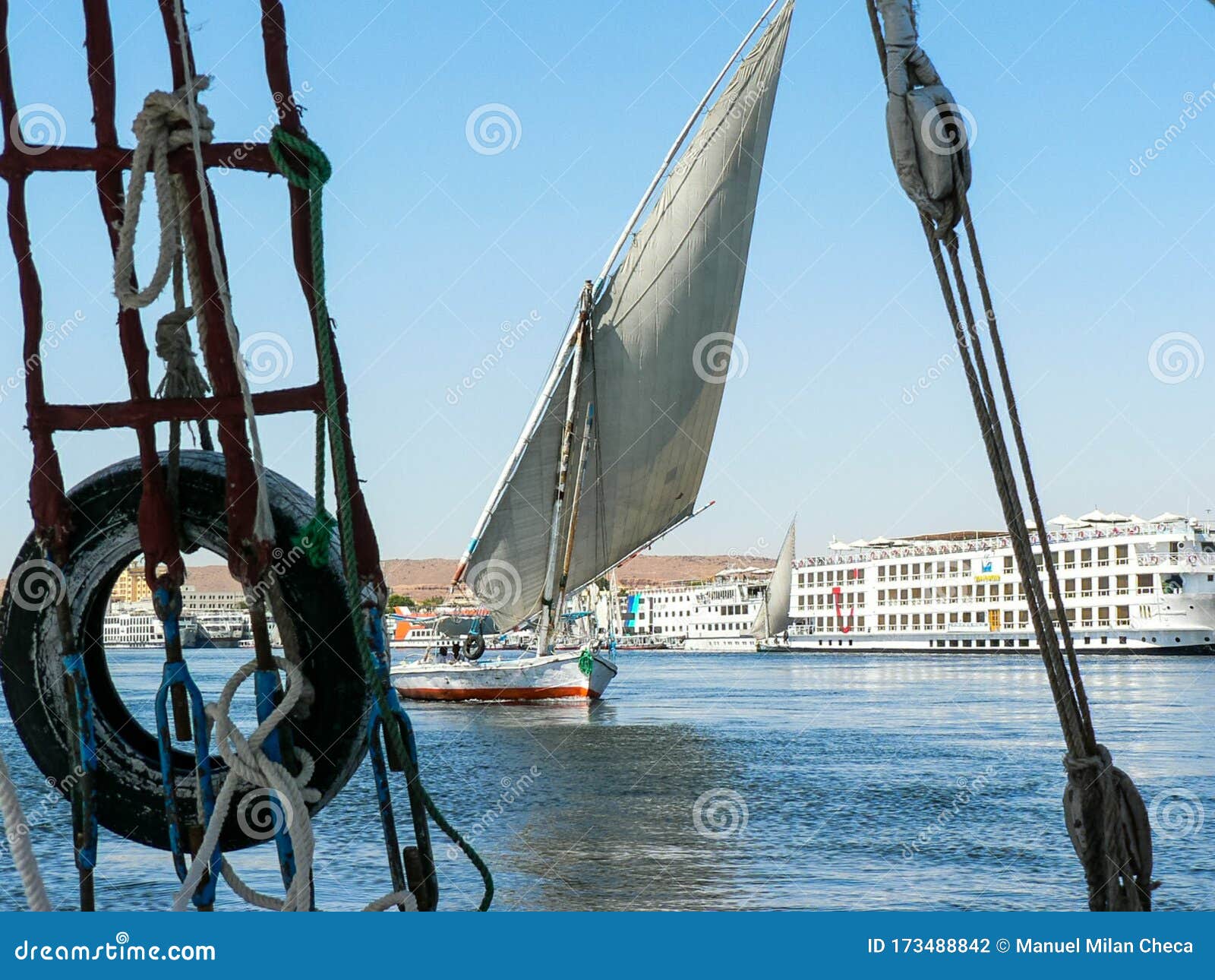 Faluca Boat Sailing in Nile River, Egypt Stock Photo - Image of orient ...