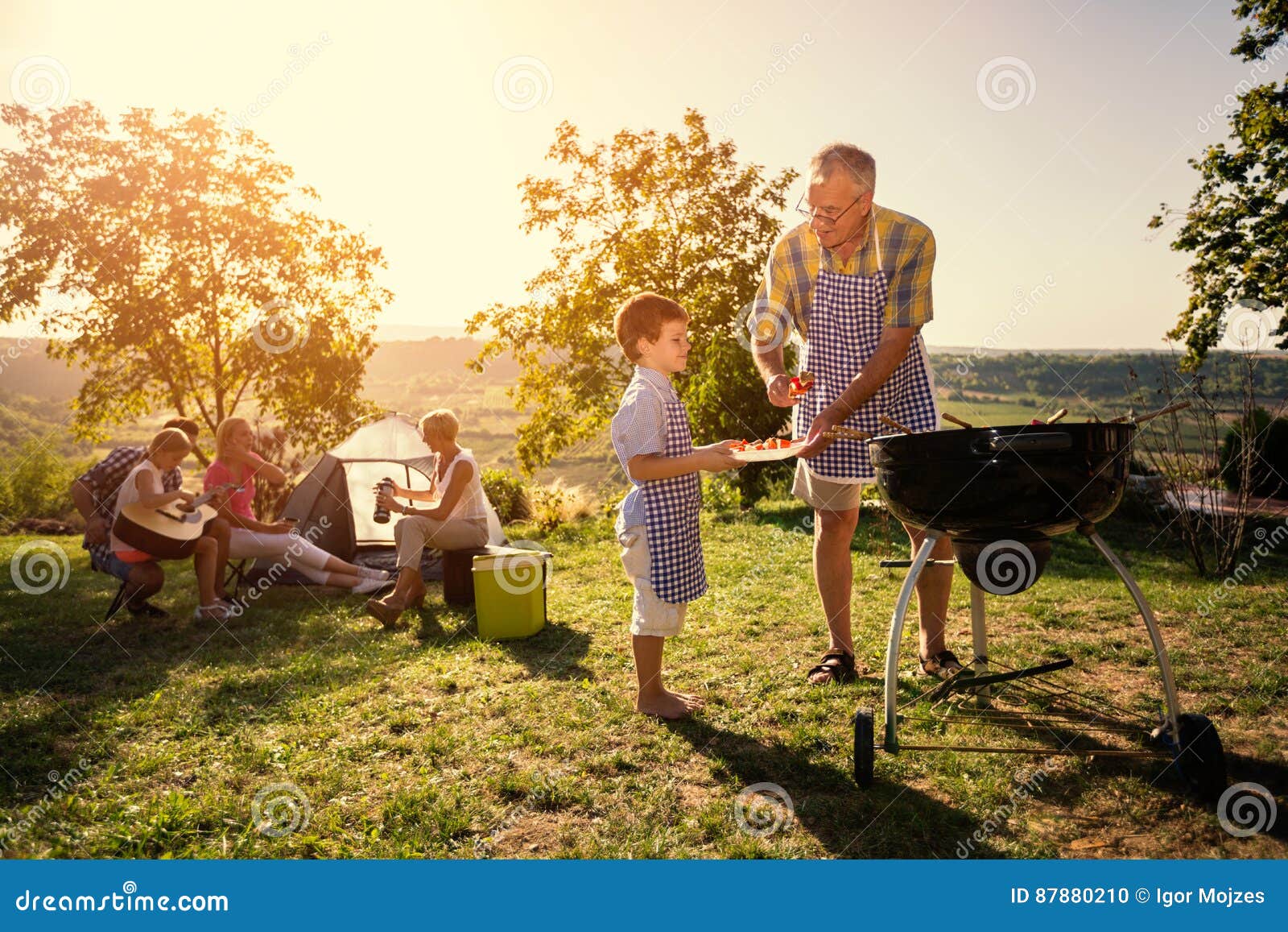 Familie picnik mit Grill stockfoto. Bild von draussen - 87880210