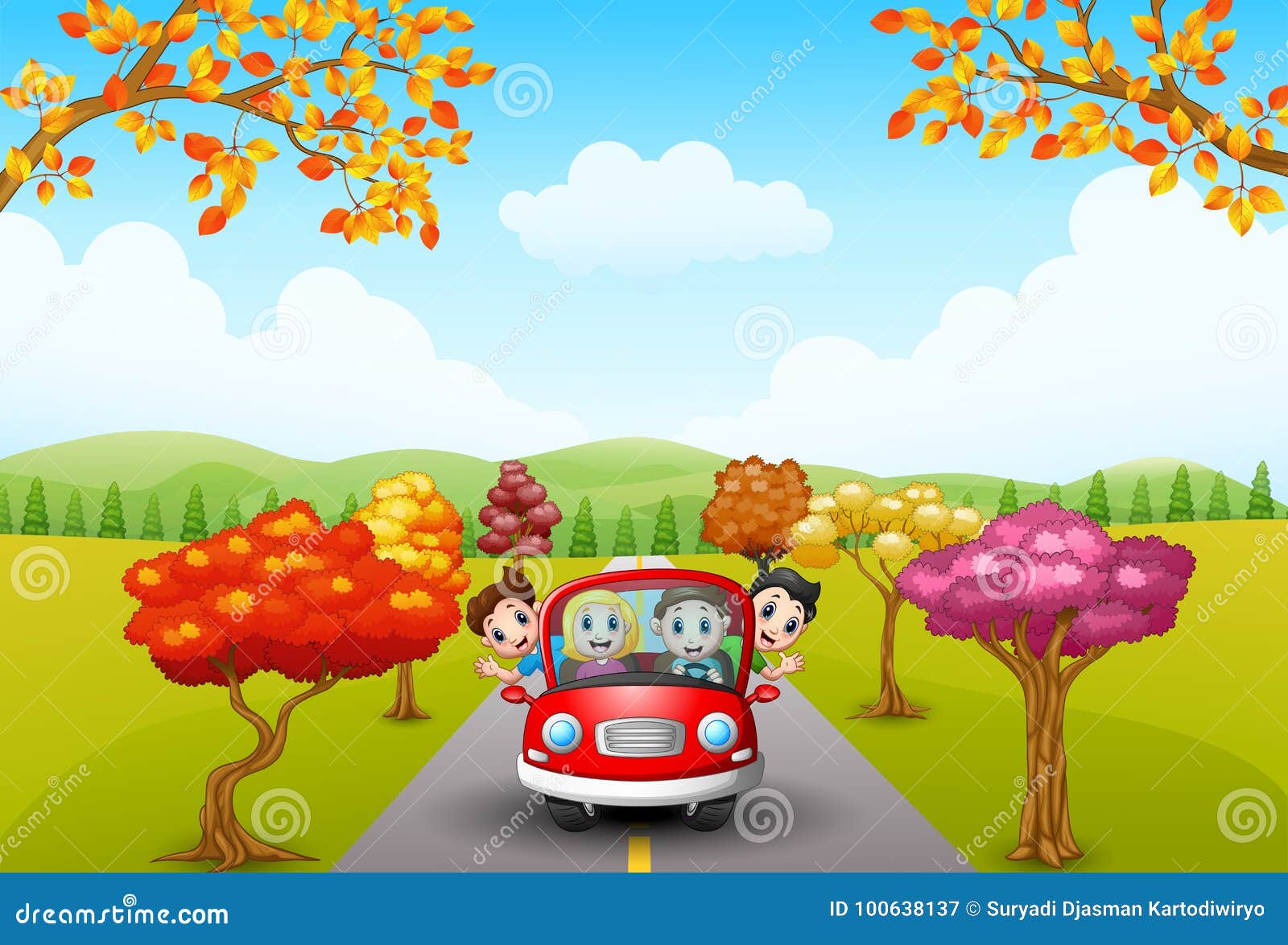 Families drive in autumn stock vector. Illustration of maple - 100638137