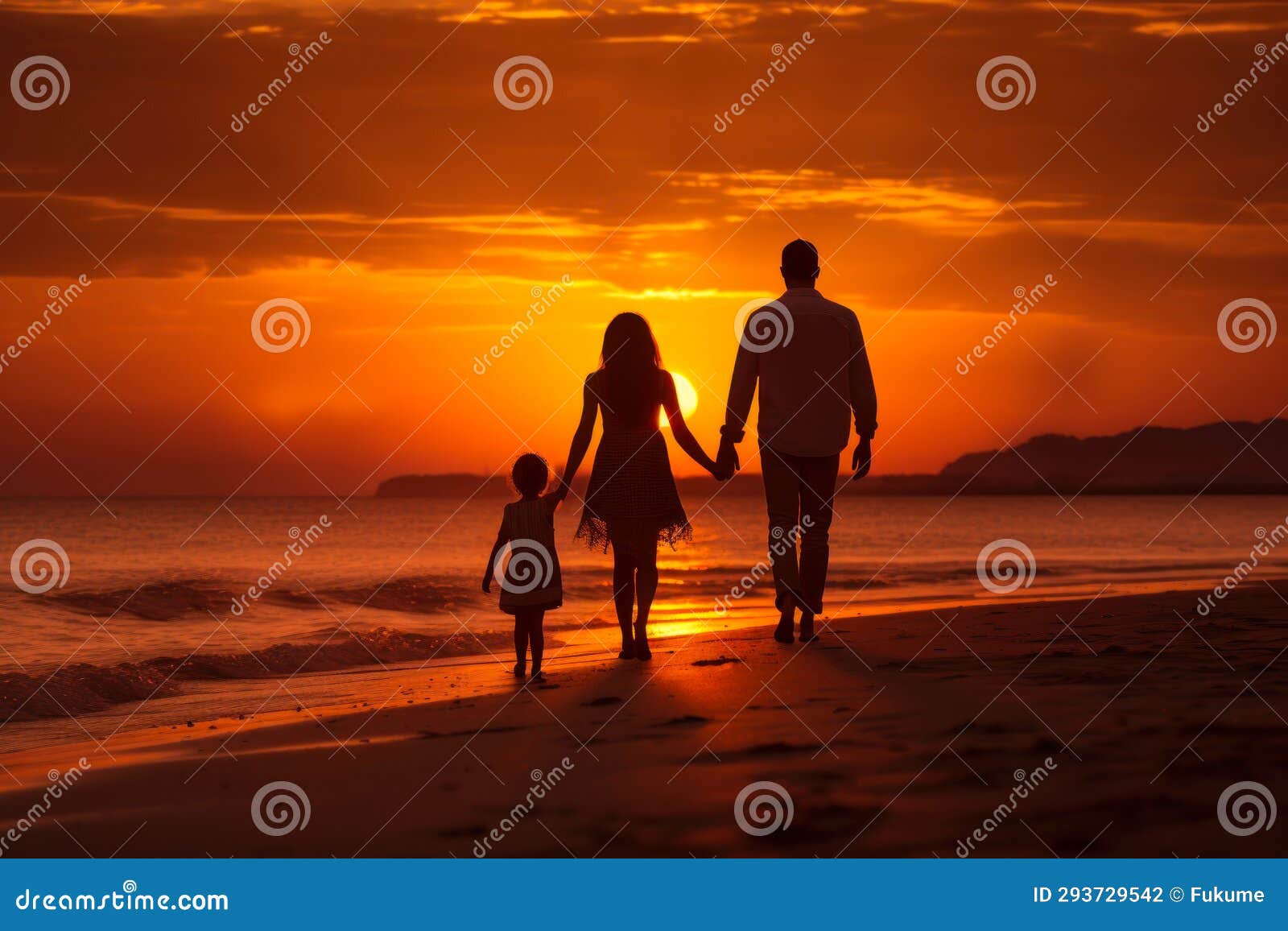Family Against the Backdrop of the Orange Sun at the Resort Generative ...