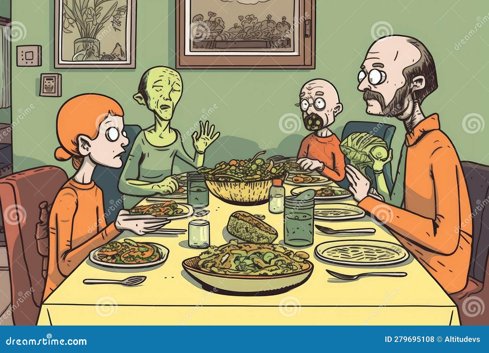 Family of Aliens, Sitting at Dinner Table, Sharing Meal and ...